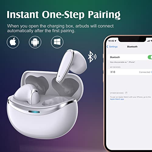 SHINDAY X18 Wireless TWS in-Ear 4 Microphones Stereo Earbuds Bluetooth Headphones Advanced Active Noise Cancellation Touch Control Compatible with Apple Andriod Microsoft Wireless Charging White