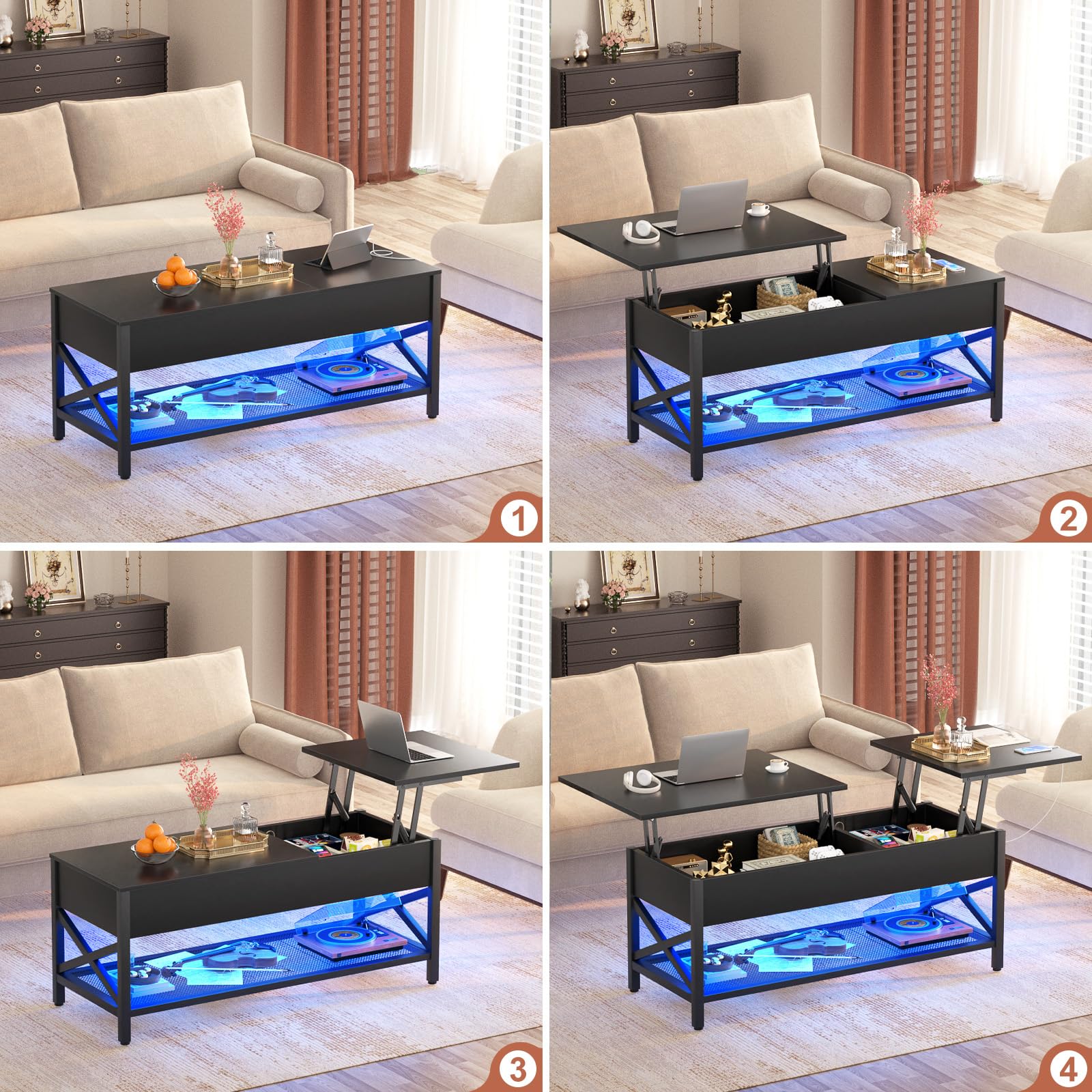 Besiost Lift Top Coffee Table with Storage, LED Light & Power Outlet and Hidden Compartment, Retro Center Table for Living Room, X Support Wood Tabletop, Metal Frame