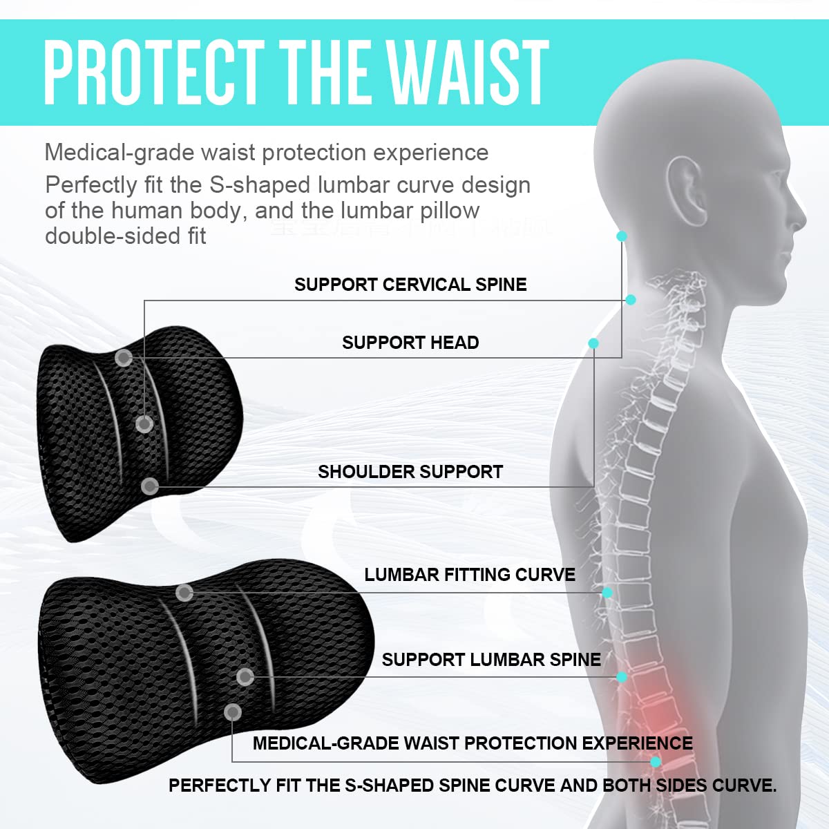 Tengyue Lumbar Support Pillow - Ergonomic Design for Office Chair, Car, and Home - Relieve Back Pain & Improve Posture - (Black)