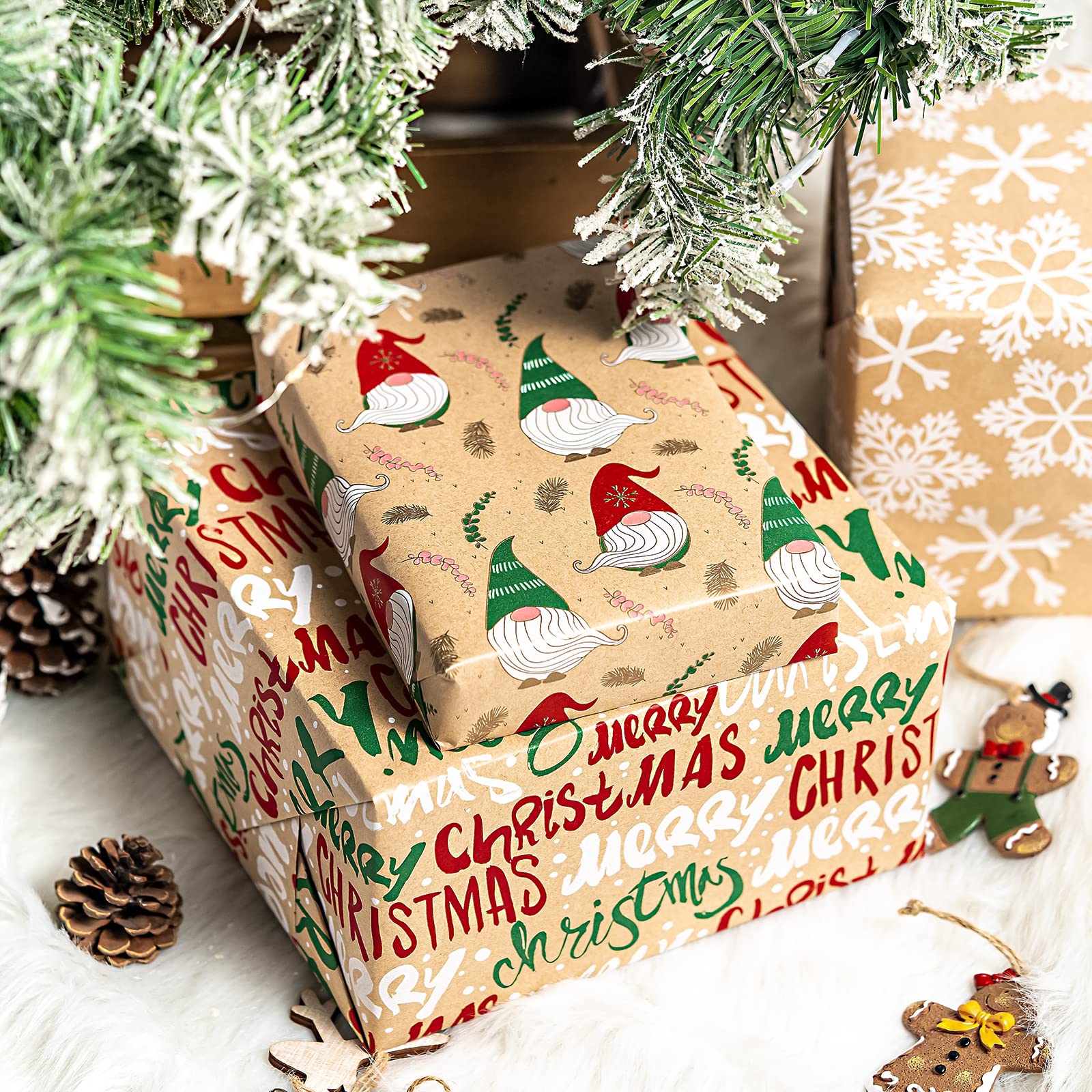 RUSPEPA Christmas Wrapping Paper, Kraft Paper - Santa Claus, Gnome, Snowflake and Merry Christmas - 4 Rolls - 30 inches x 10 feet per Roll