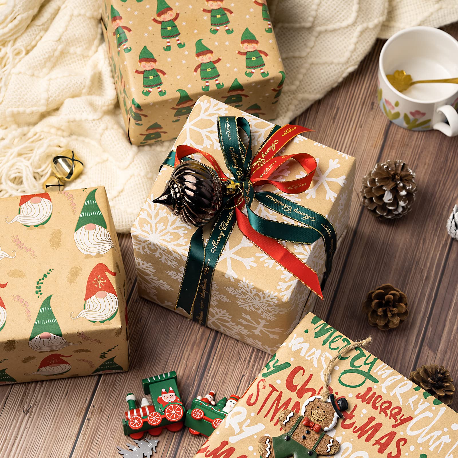 RUSPEPA Christmas Wrapping Paper, Kraft Paper - Santa Claus, Gnome, Snowflake and Merry Christmas - 4 Rolls - 30 inches x 10 feet per Roll