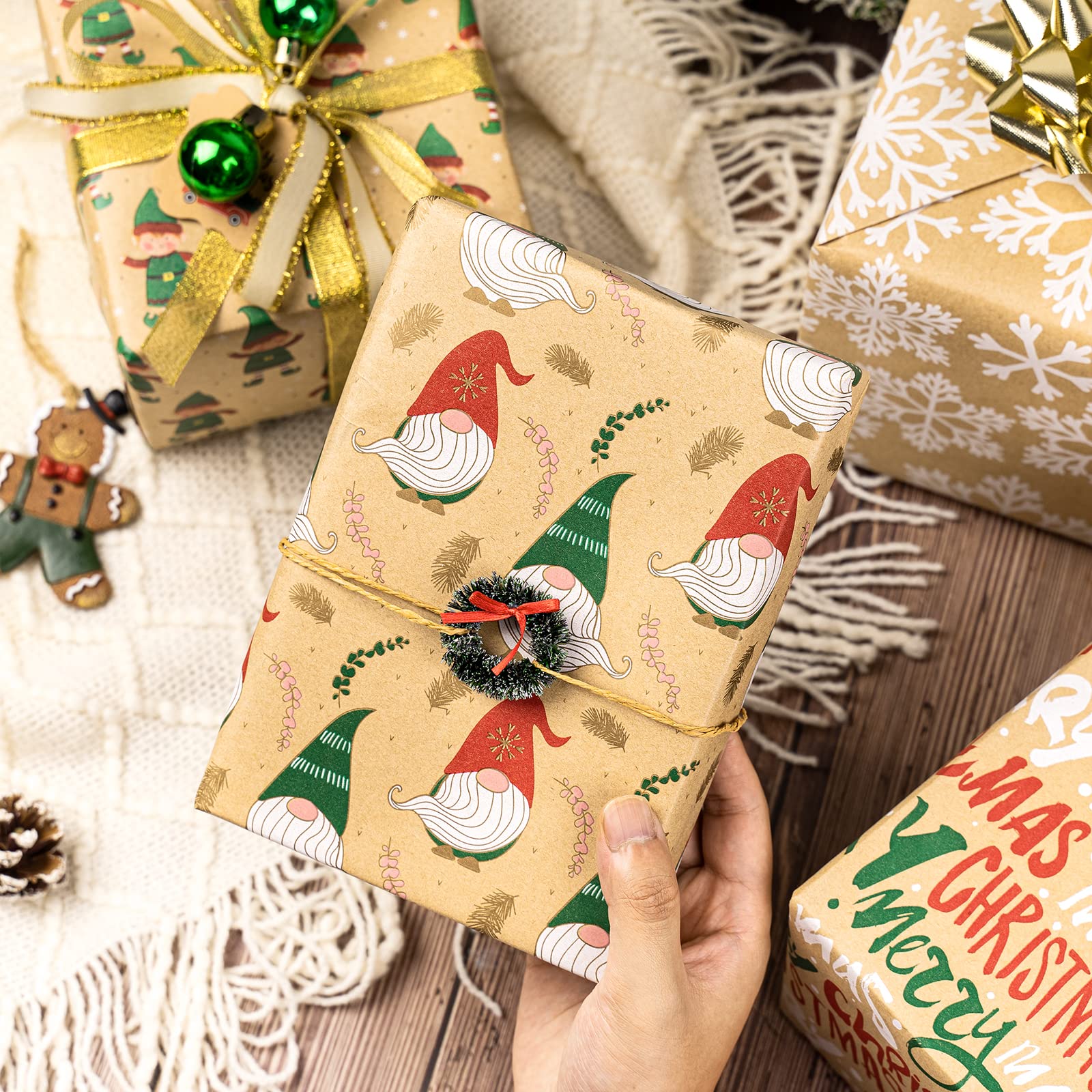 RUSPEPA Christmas Wrapping Paper, Kraft Paper - Santa Claus, Gnome, Snowflake and Merry Christmas - 4 Rolls - 30 inches x 10 feet per Roll
