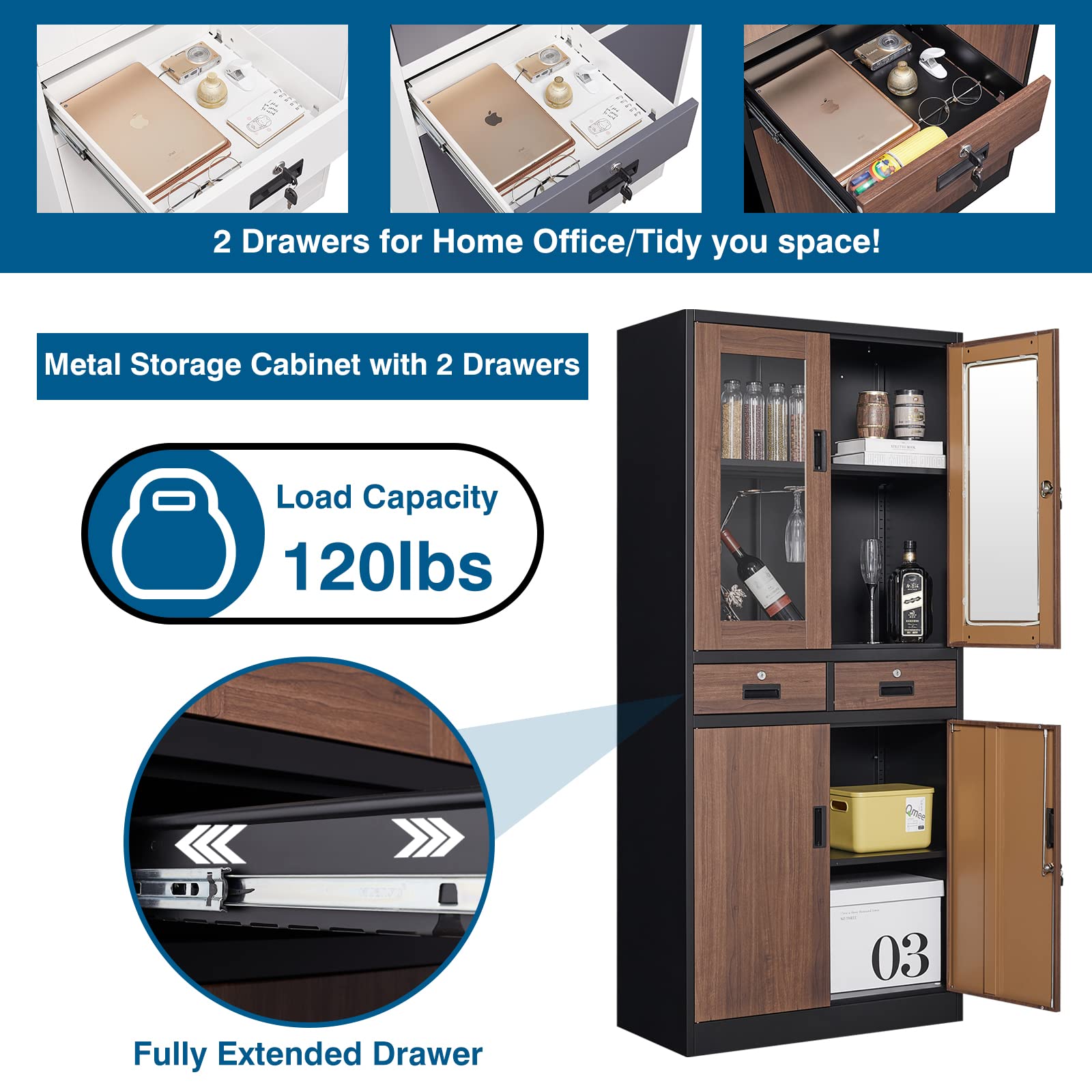 PEUKC Kitchen Pantry Cabinet, 71" Freestanding Kitchen Pantry Storage Cabinet with Drawer and Adjustable Shelves, Metal Tall Pantry Cabinet Cupborad with Glasses Doors, Wood Color