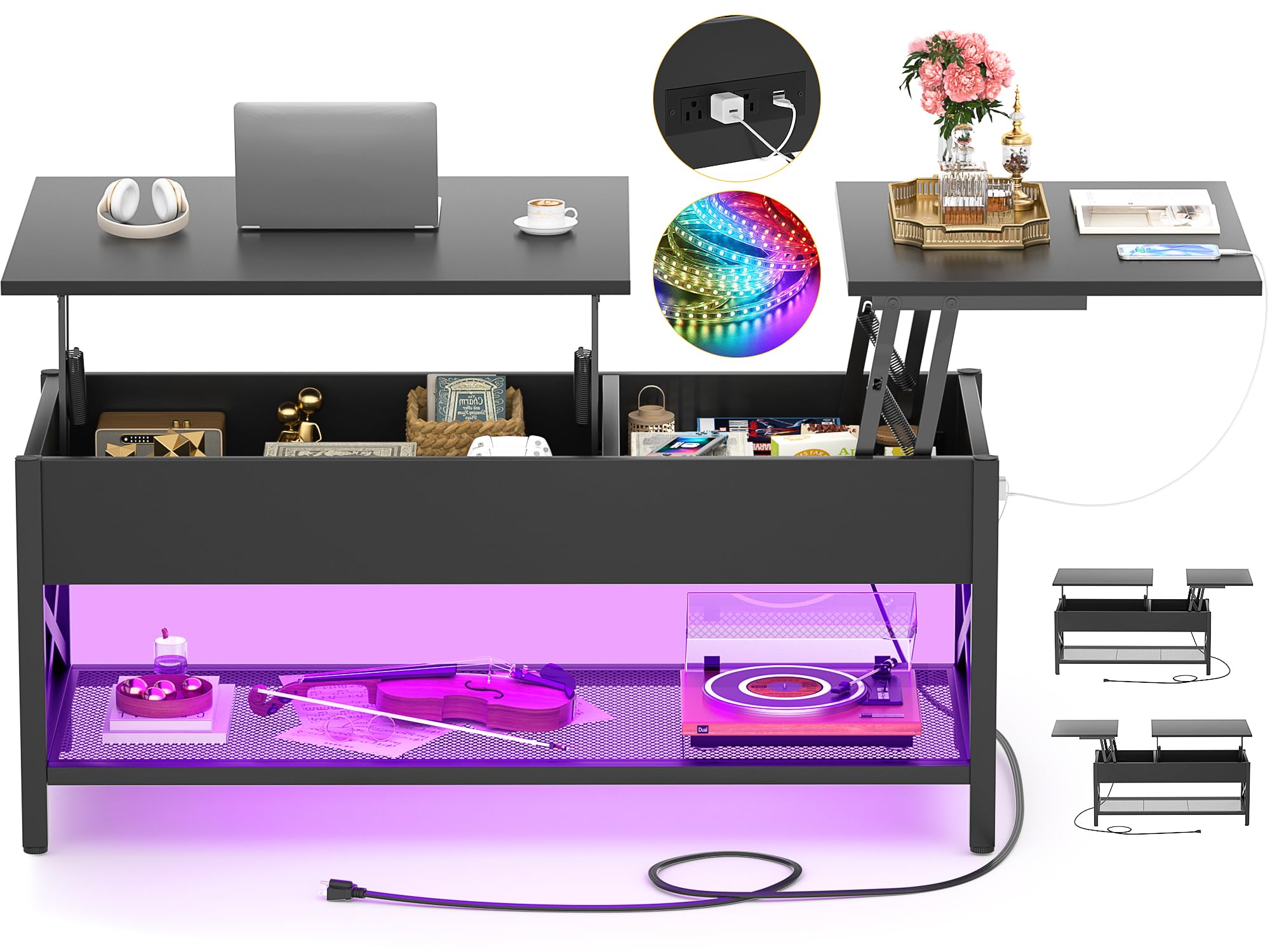 Besiost Lift Top Coffee Table with Storage, LED Light & Power Outlet and Hidden Compartment, Retro Center Table for Living Room, X Support Wood Tabletop, Metal Frame