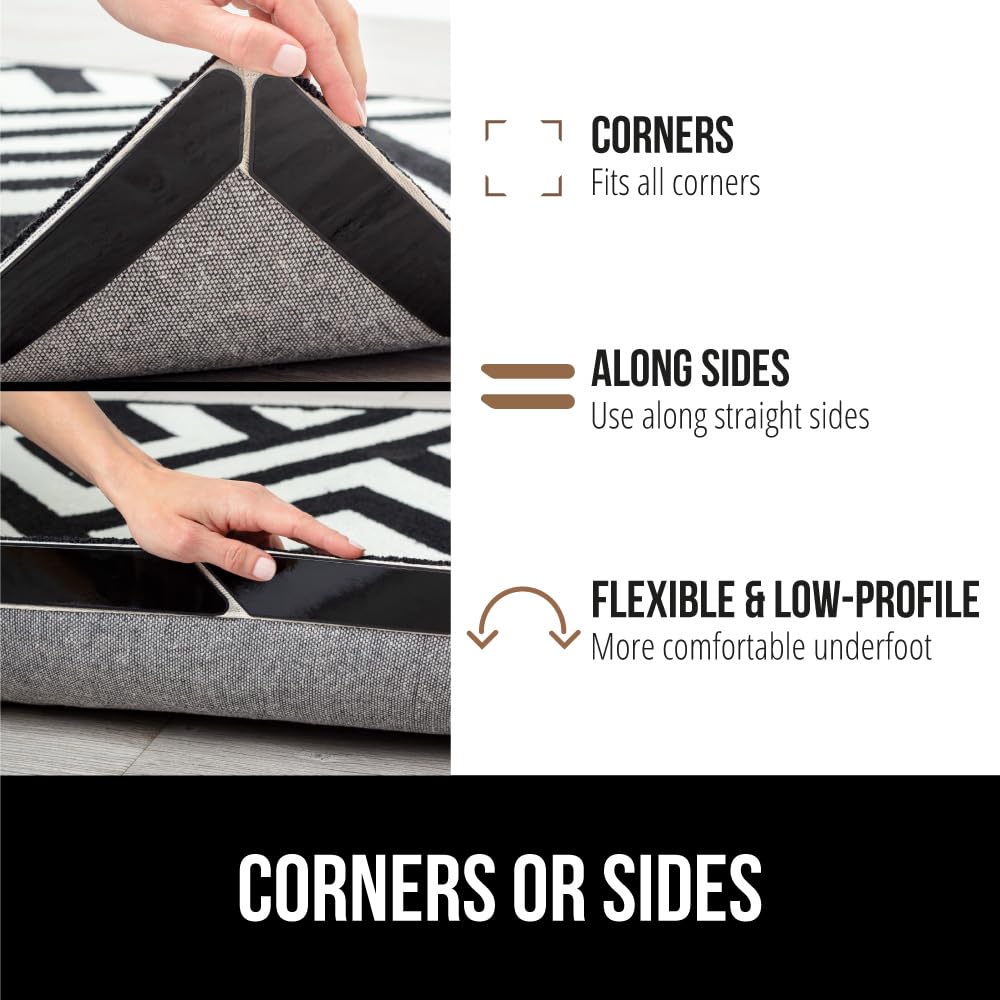Gorilla Grip 8 Pack Rug Grippers, Corners and Sides, No Curl Corners or Side Bunch, Dual Sided Soft Flexible Pad Grips Floor Under Area Rugs Reusable Gripper Hold Carpet in Place Hardwood Floors Pads