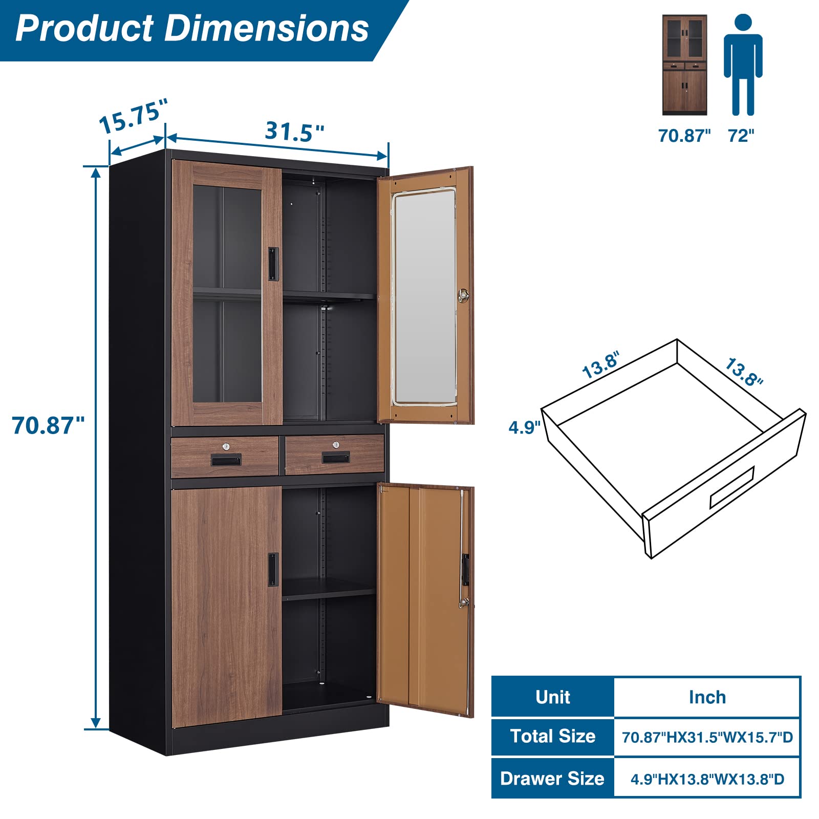 PEUKC Kitchen Pantry Cabinet, 71" Freestanding Kitchen Pantry Storage Cabinet with Drawer and Adjustable Shelves, Metal Tall Pantry Cabinet Cupborad with Glasses Doors, Wood Color