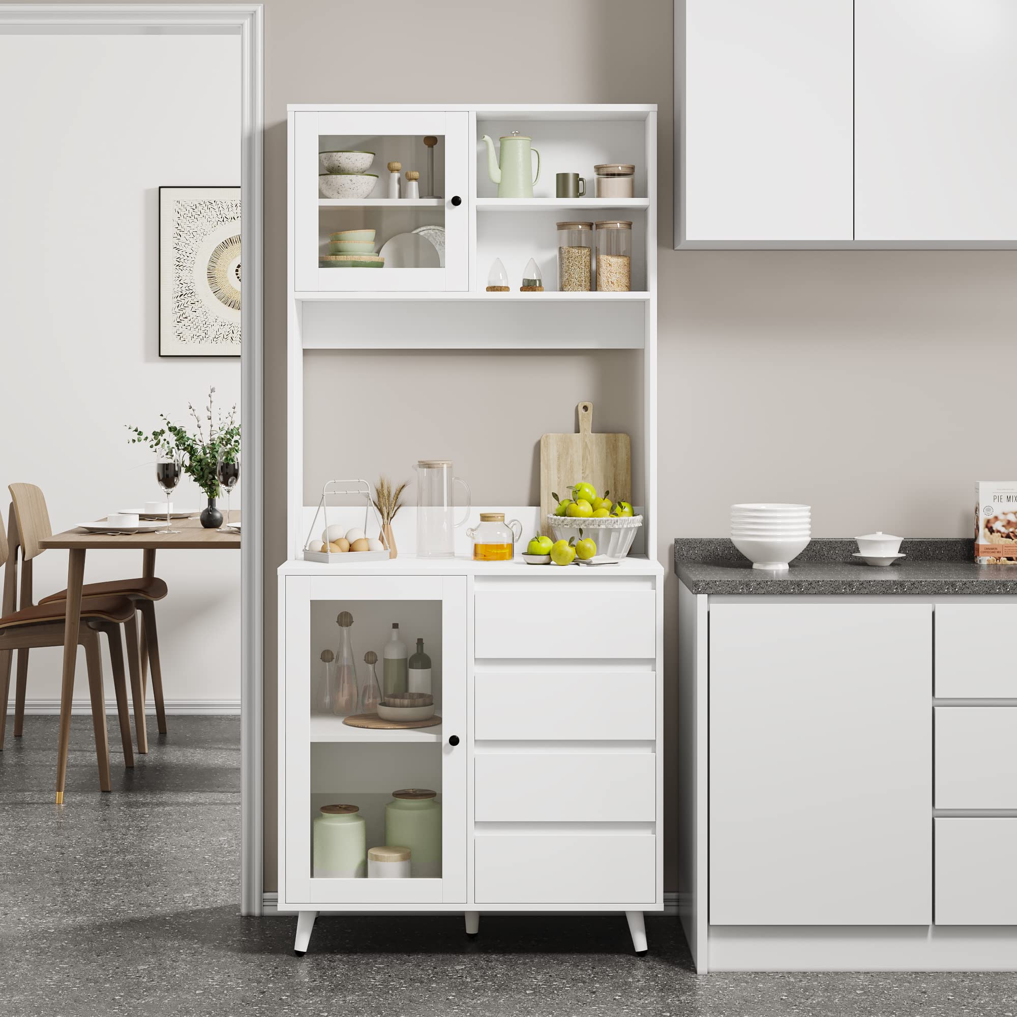 FACBOTALL 71'' Tall Kitchen Pantry Storage Cabinet with Large Countertop, Kitchen Buffet Hutch Cabinet with 2 Adjustable Shelves & Tempered Glass Doors, 4 Handless Drawers for Home, White