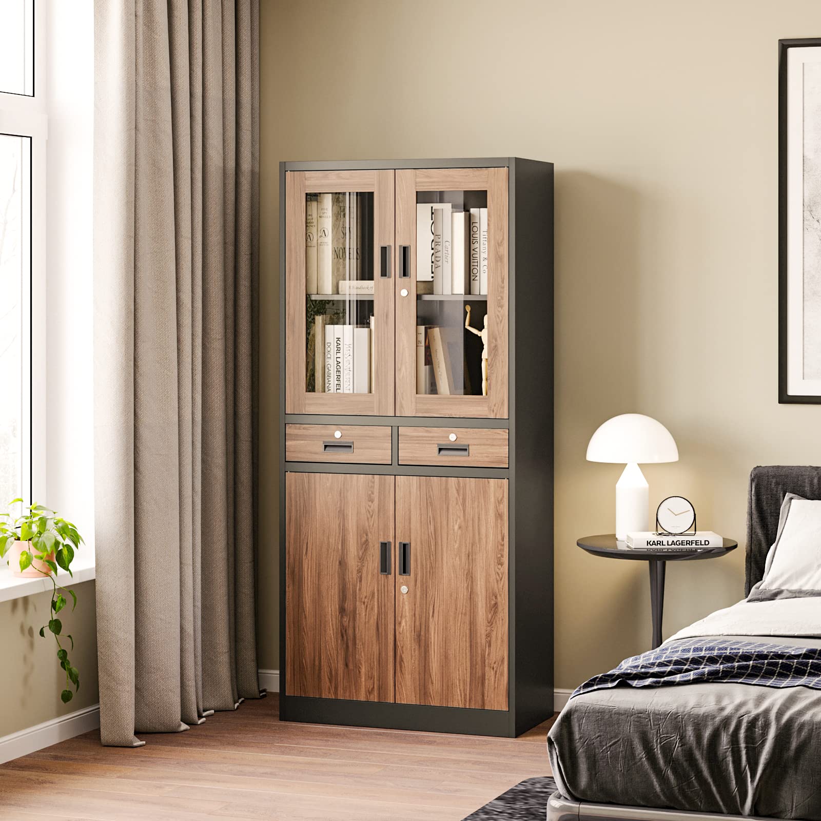 PEUKC Kitchen Pantry Cabinet, 71" Freestanding Kitchen Pantry Storage Cabinet with Drawer and Adjustable Shelves, Metal Tall Pantry Cabinet Cupborad with Glasses Doors, Wood Color
