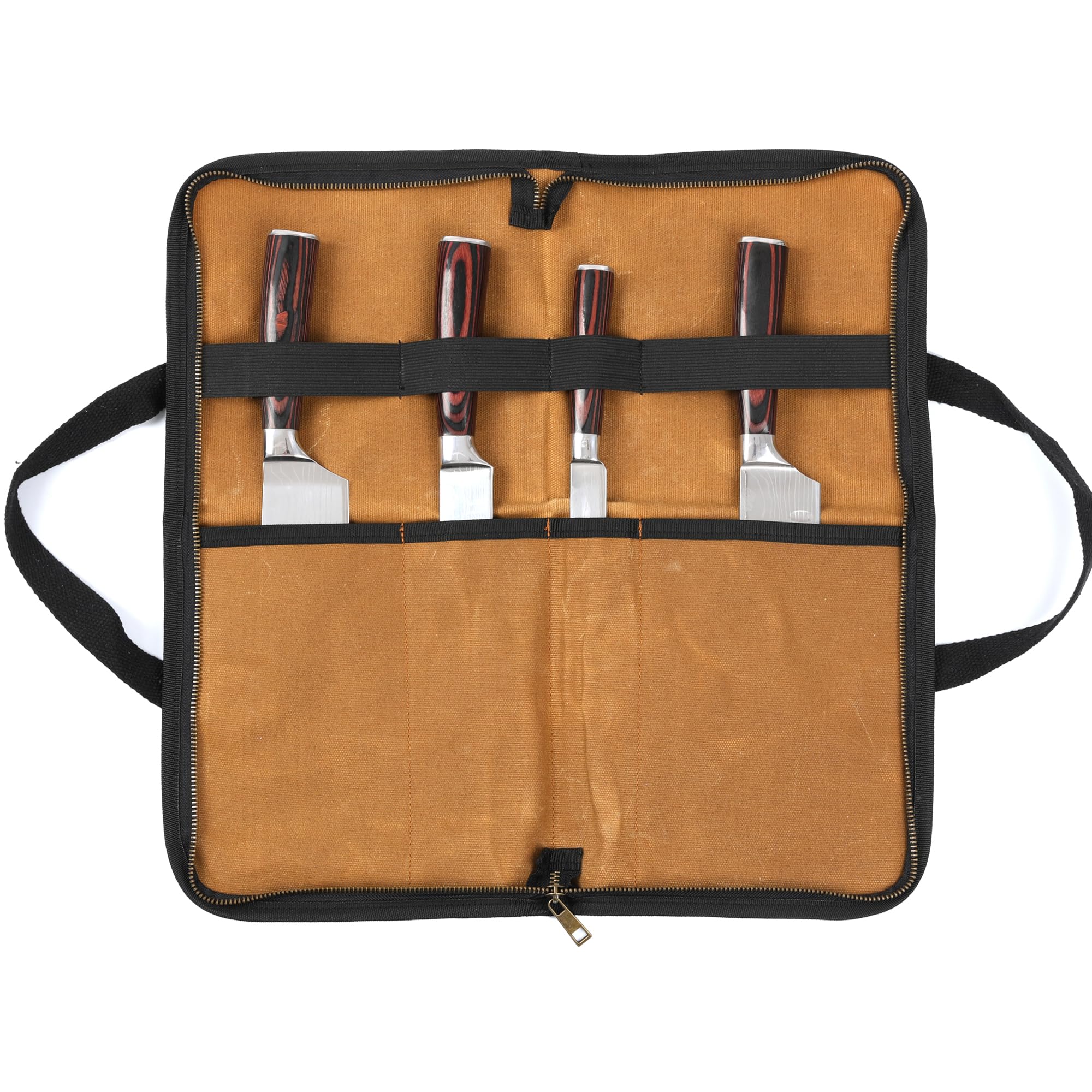 Chef Knife Case, 4 Slots Portable Knife Roll with Handle, Heavy Duty 16oz Waxed Cavas, Knife Holder with Professional Cut-Resistant Fabric Lining, Khaki