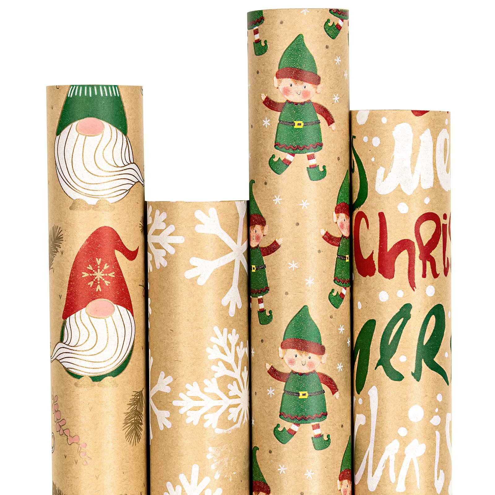 RUSPEPA Christmas Wrapping Paper, Kraft Paper - Santa Claus, Gnome, Snowflake and Merry Christmas - 4 Rolls - 30 inches x 10 feet per Roll