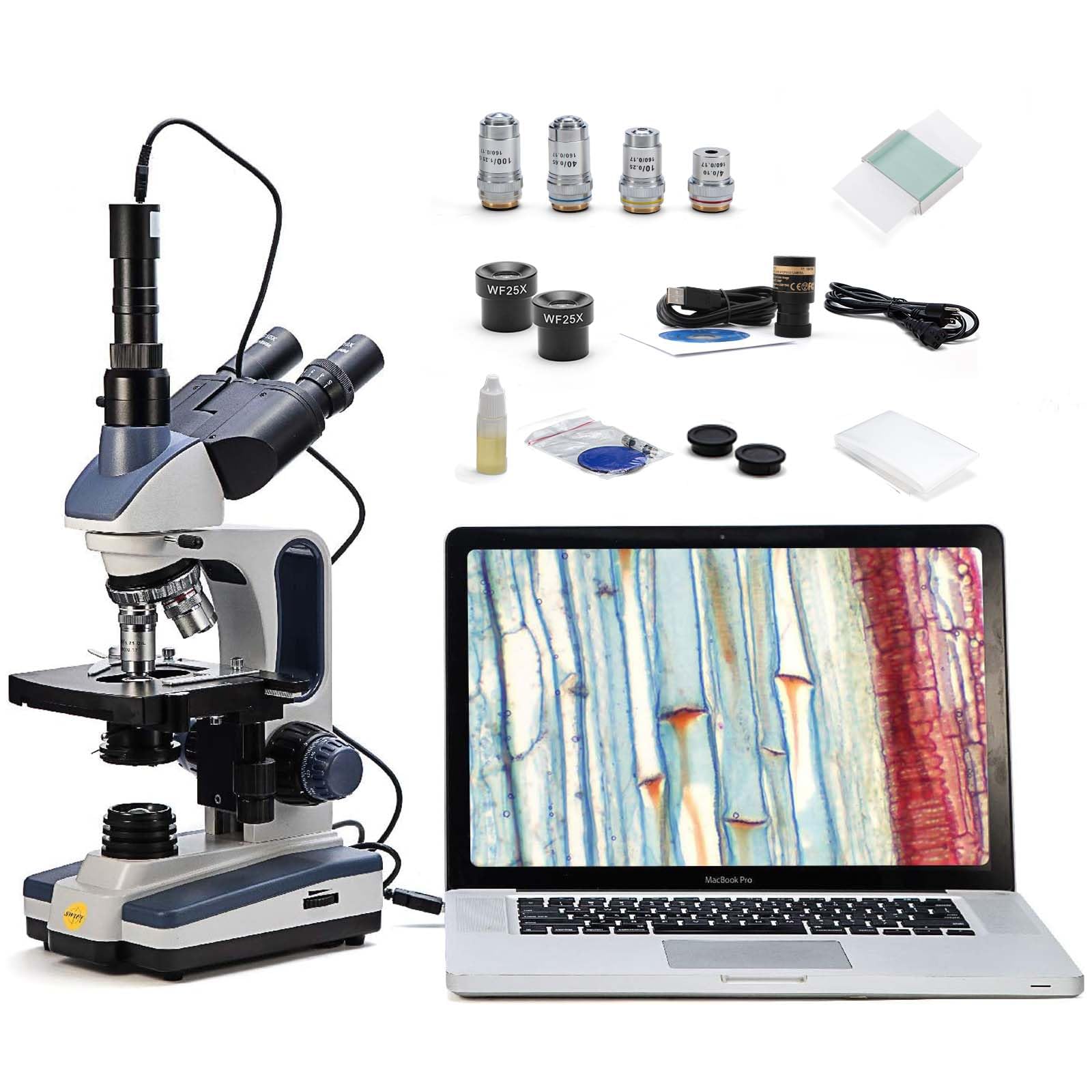 Swift Trinocular Compound Microscope SW350T,40X-2500X Magnification,Siedentopf Head,Research-Grade,Two-Layer Mechanical Stage,1.3mp Camera and Software Windows and Mac Compatible