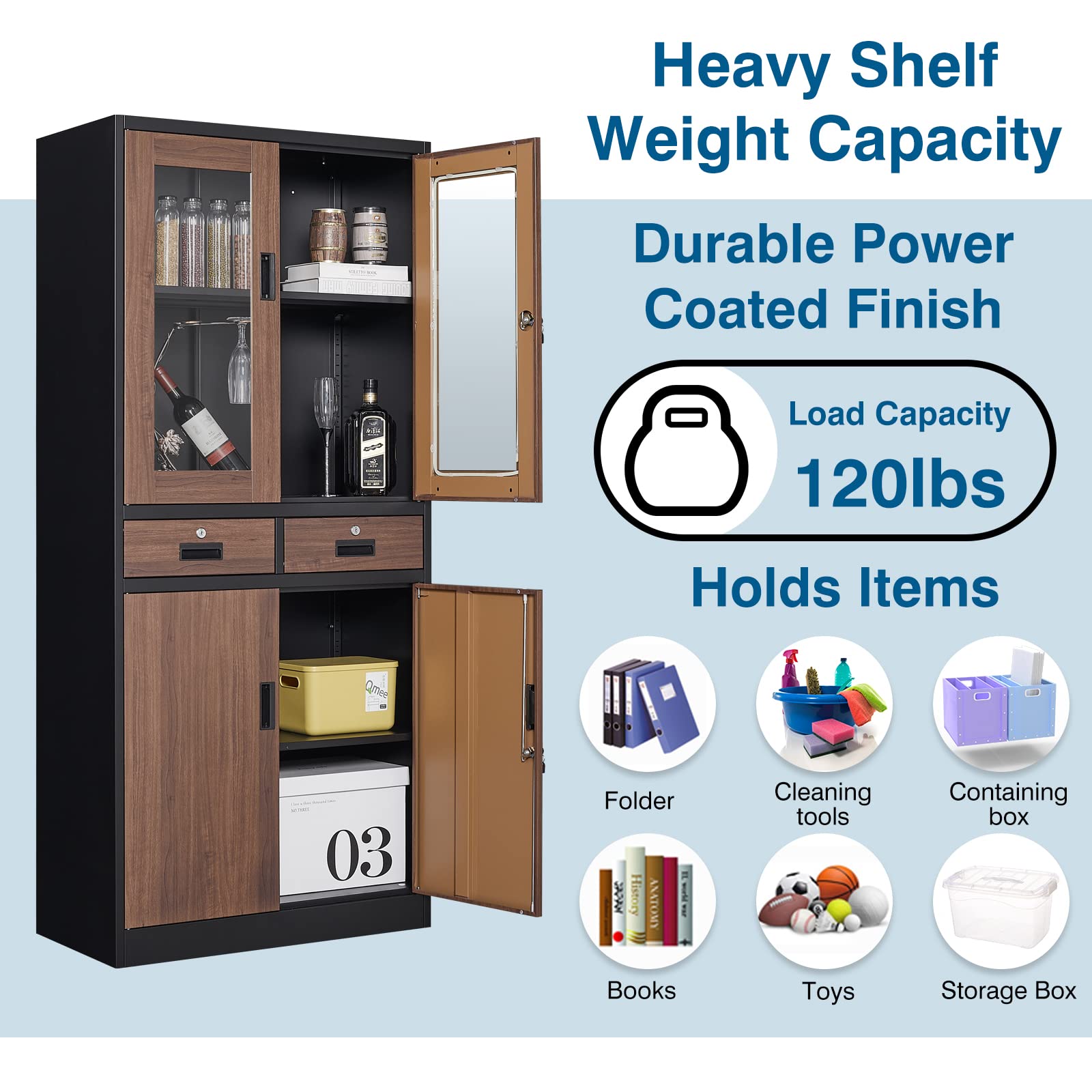 PEUKC Kitchen Pantry Cabinet, 71" Freestanding Kitchen Pantry Storage Cabinet with Drawer and Adjustable Shelves, Metal Tall Pantry Cabinet Cupborad with Glasses Doors, Wood Color