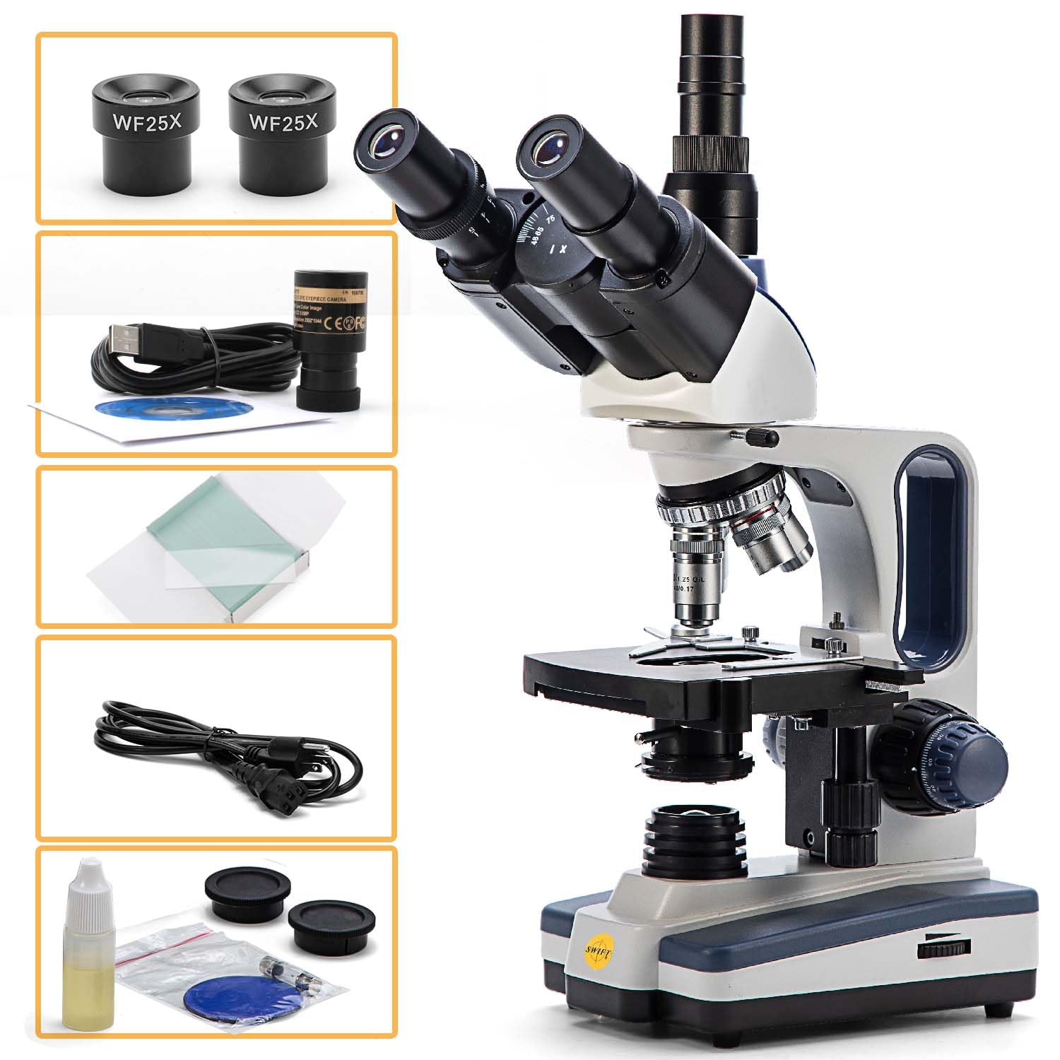 Swift Trinocular Compound Microscope SW350T,40X-2500X Magnification,Siedentopf Head,Research-Grade,Two-Layer Mechanical Stage,1.3mp Camera and Software Windows and Mac Compatible