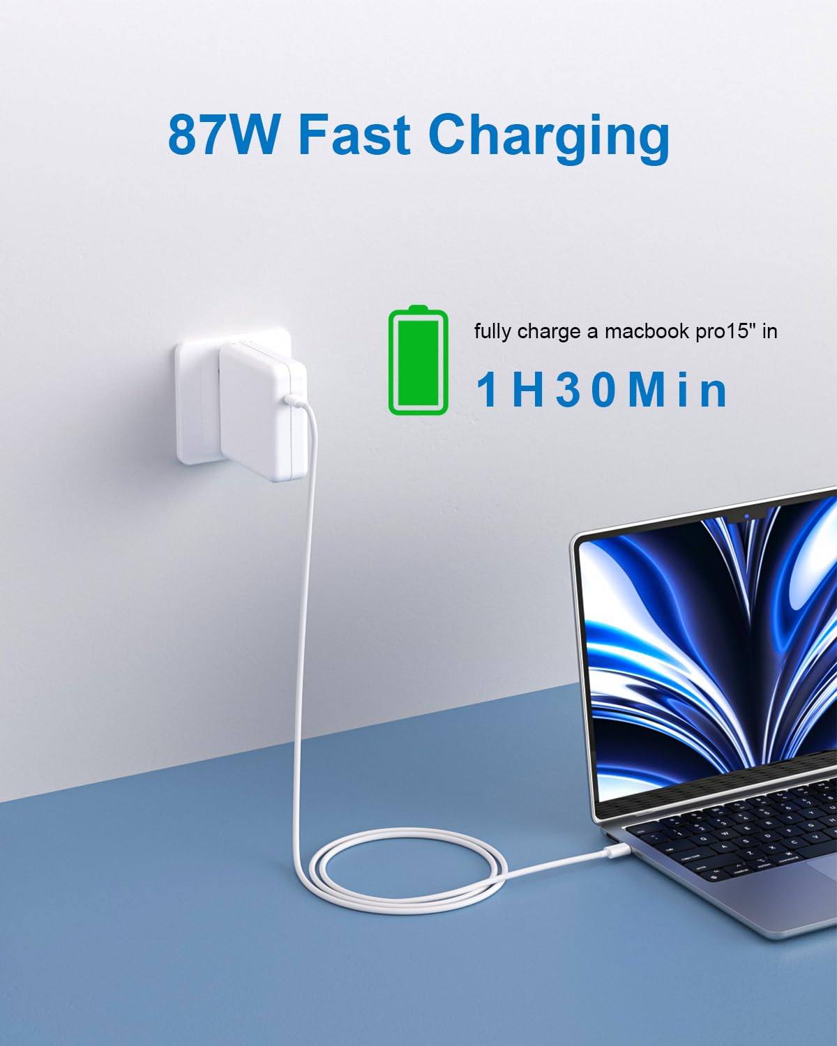 Mac Book Pro Charger - 87W USB C Power Adapter Compatible with 13/14/15 Inch After 2016, for Mac Book Air After 2018, Works 70W 67W 61W 30W 29W, Include Charge Cable(6.6Ft)