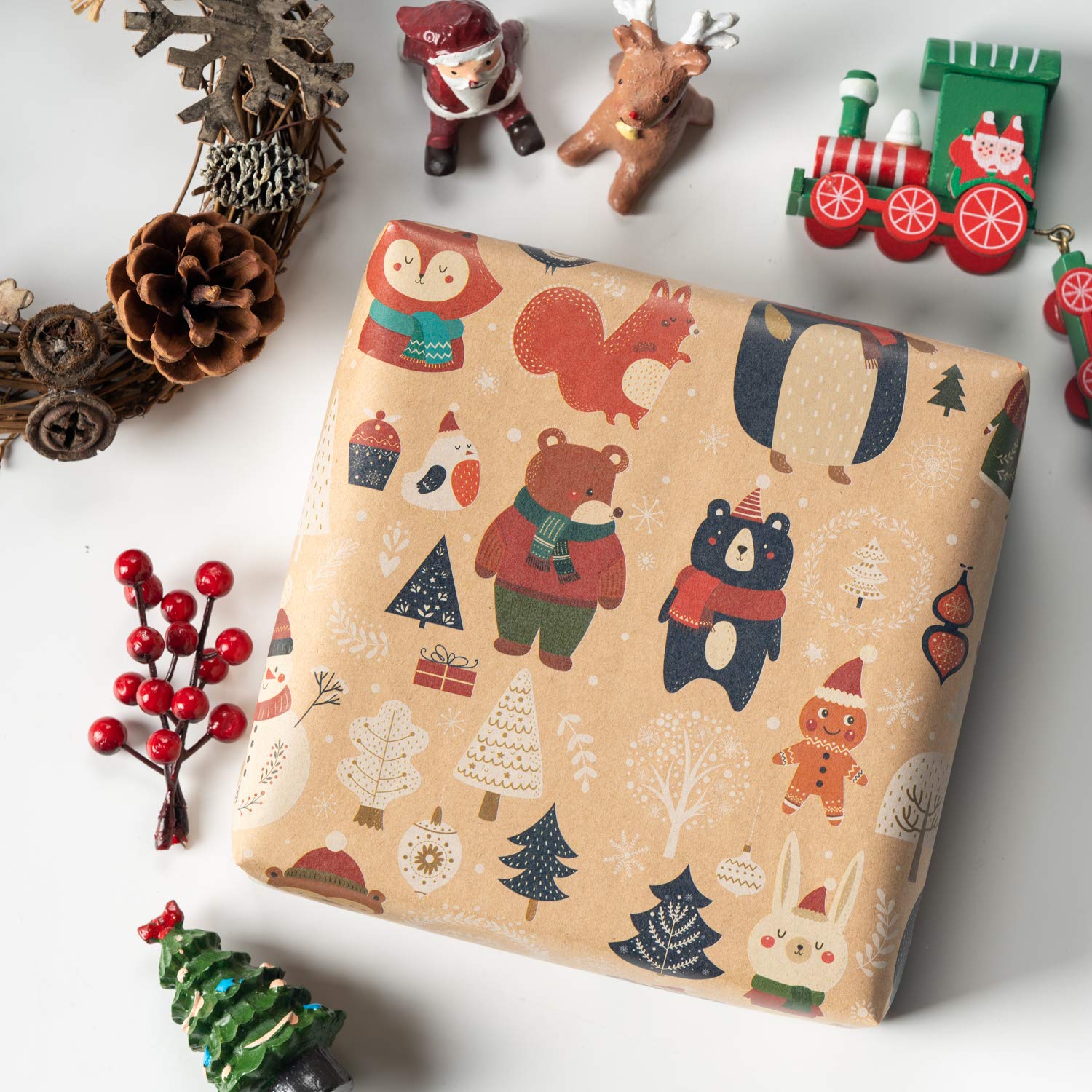 RUSPEPA Christmas Kraft Wrapping Paper Santa Claus Xmas Theme Elements Great for Christmas, Birthdays, Holiday, Baby Shower - 6 Sheets Packed as 1 roll - 17.5 x 30 inches per Sheet