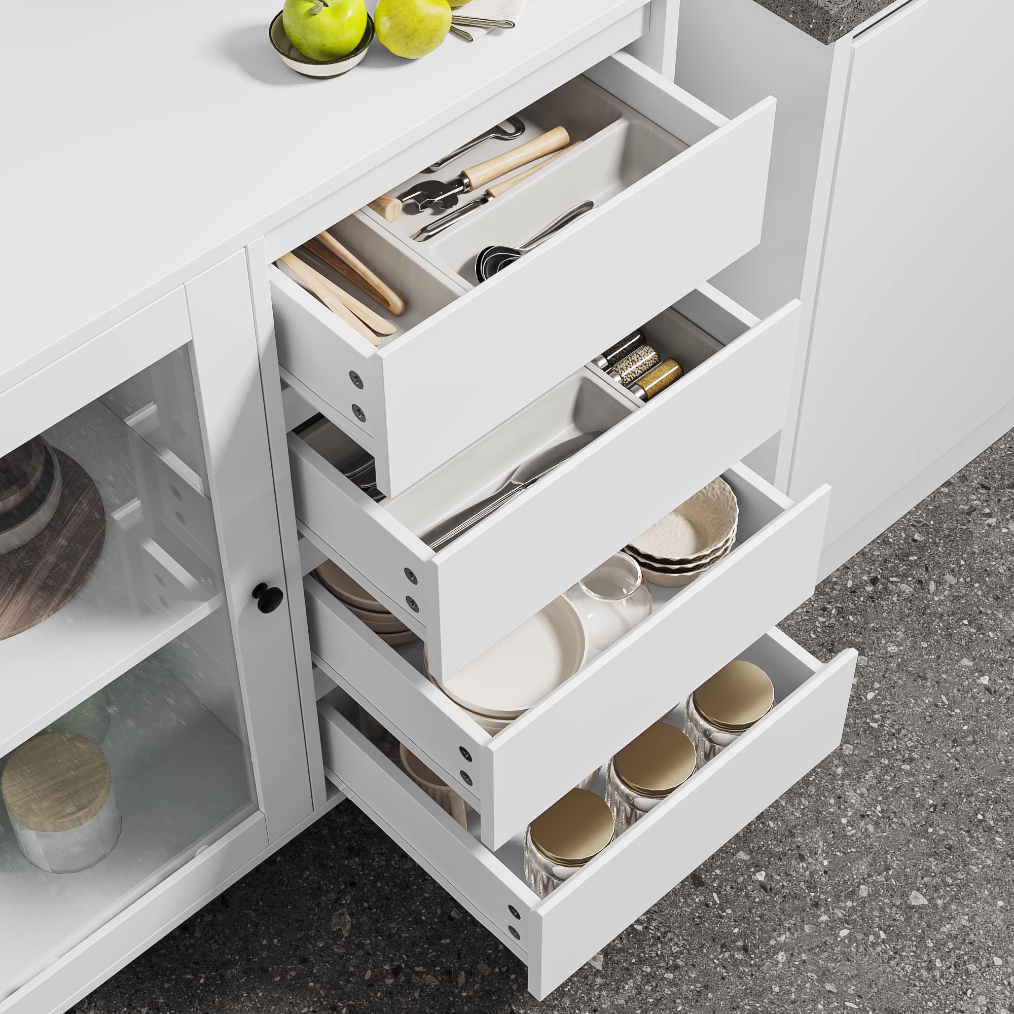 FACBOTALL 71'' Tall Kitchen Pantry Storage Cabinet with Large Countertop, Kitchen Buffet Hutch Cabinet with 2 Adjustable Shelves & Tempered Glass Doors, 4 Handless Drawers for Home, White