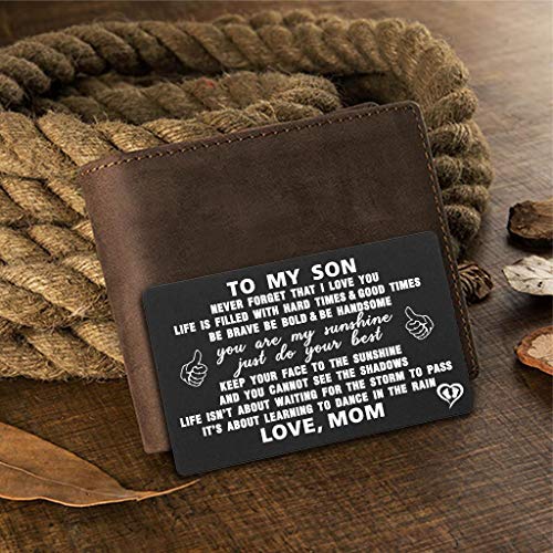 Resdink To My Son Gifts from Mom, Motivational Gift for Son From Mother, Engraved Wallet Inserts with Love Quotes, Son Birthday Wallet Card