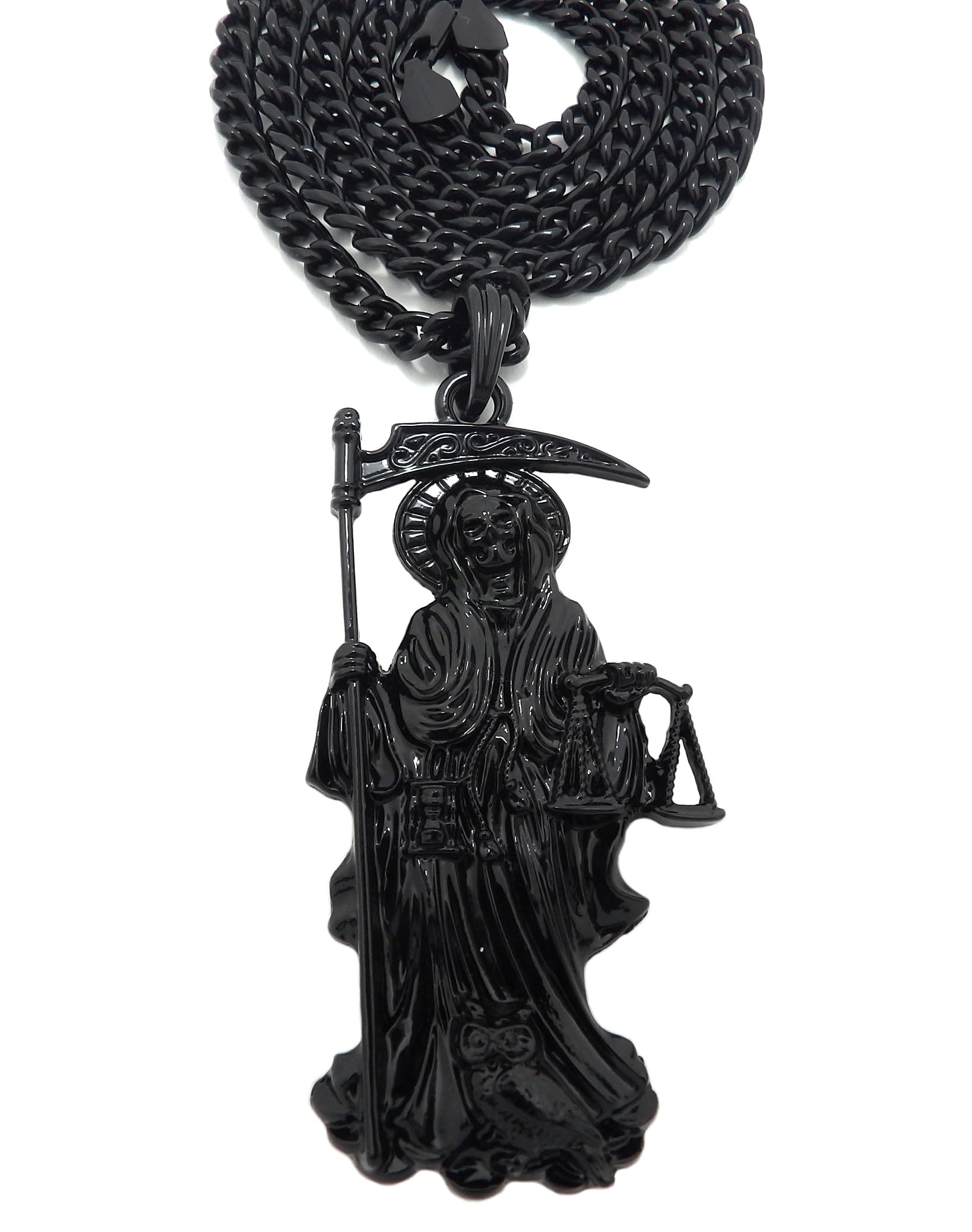 MAXBLING81 Hip Hop Jet Black Saint Death Santa Muerte Charm Pendant & 5mm 24" Cuban Chain Fashion Necklace for Gift, Halloween Party