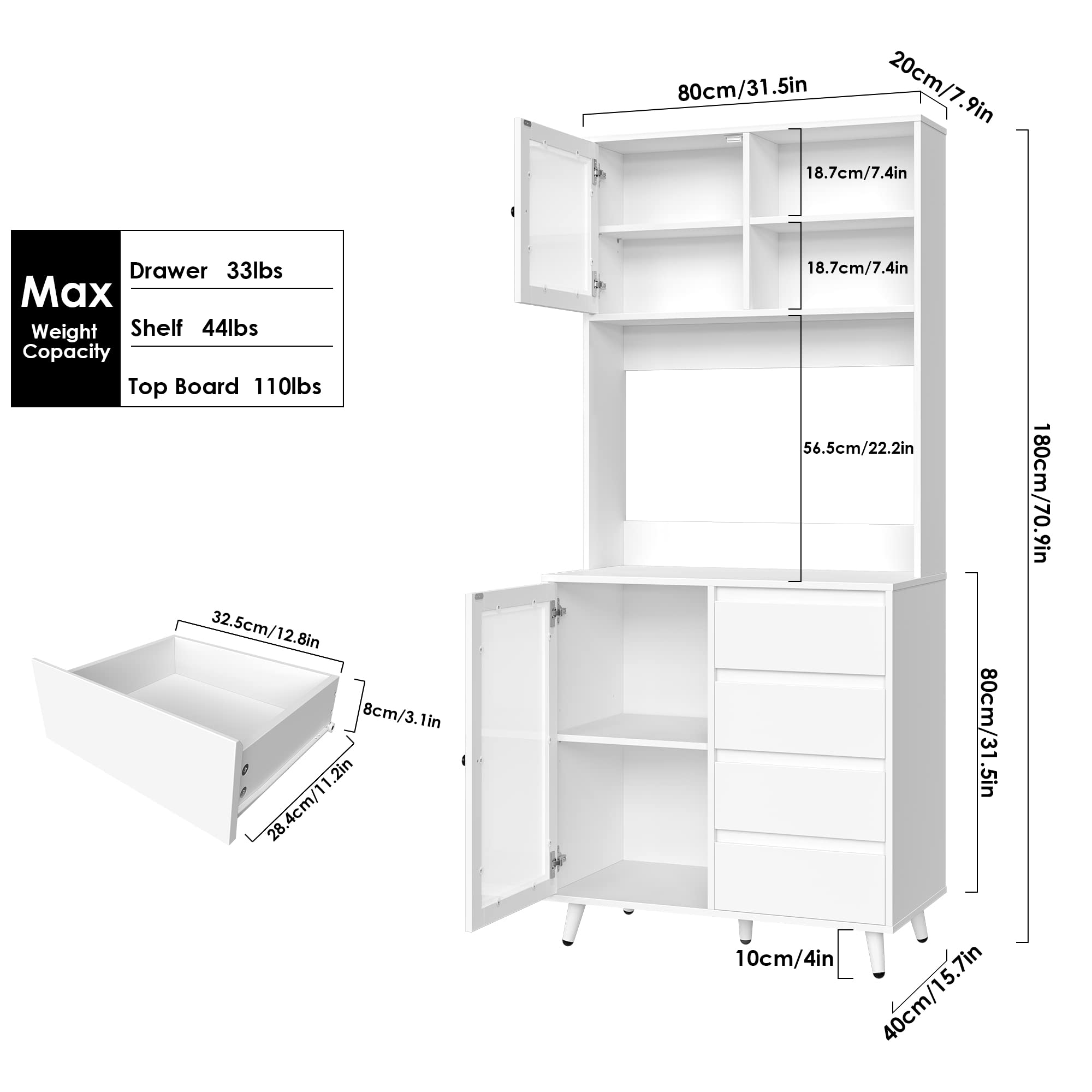 FACBOTALL 71'' Tall Kitchen Pantry Storage Cabinet with Large Countertop, Kitchen Buffet Hutch Cabinet with 2 Adjustable Shelves & Tempered Glass Doors, 4 Handless Drawers for Home, White