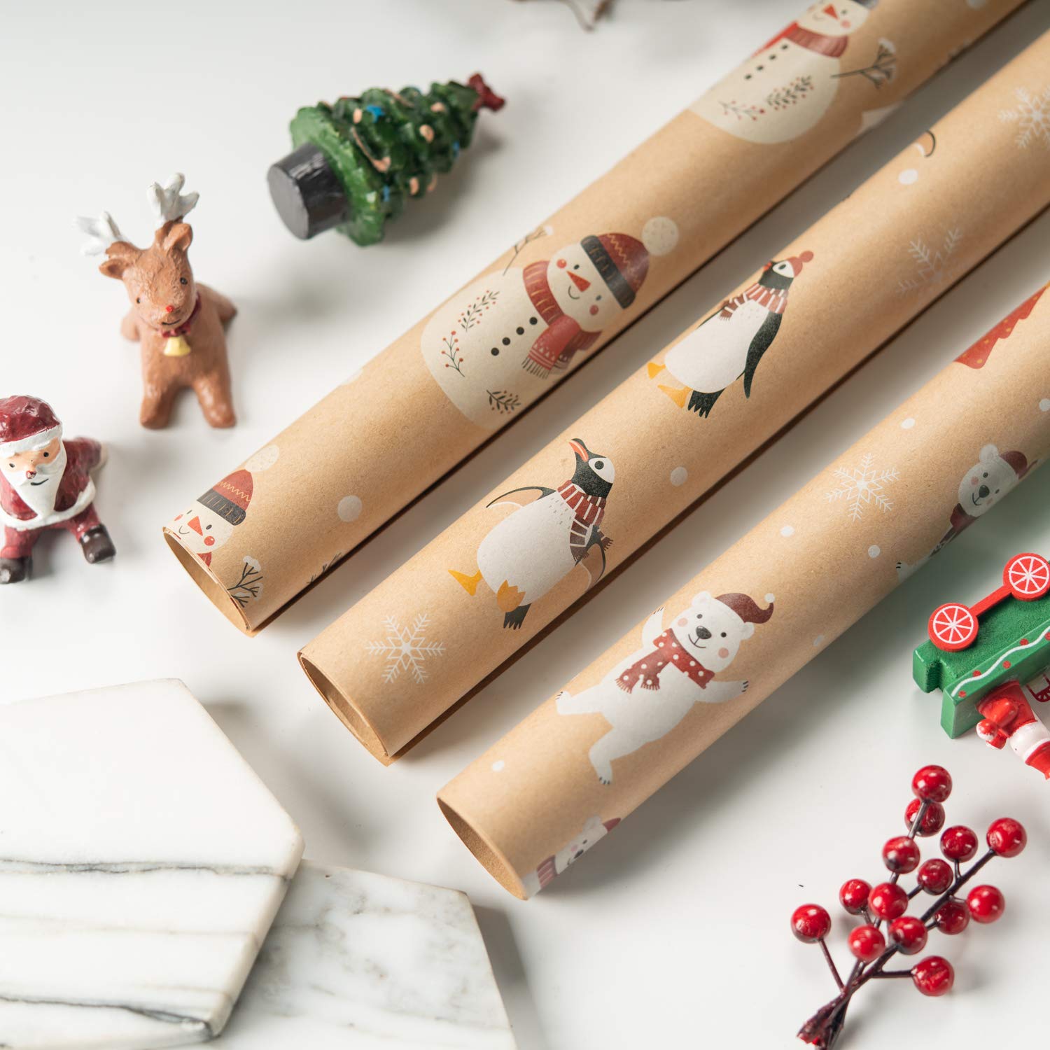 RUSPEPA Christmas Kraft Wrapping Paper Santa Claus Xmas Theme Elements Great for Christmas, Birthdays, Holiday, Baby Shower - 6 Sheets Packed as 1 roll - 17.5 x 30 inches per Sheet