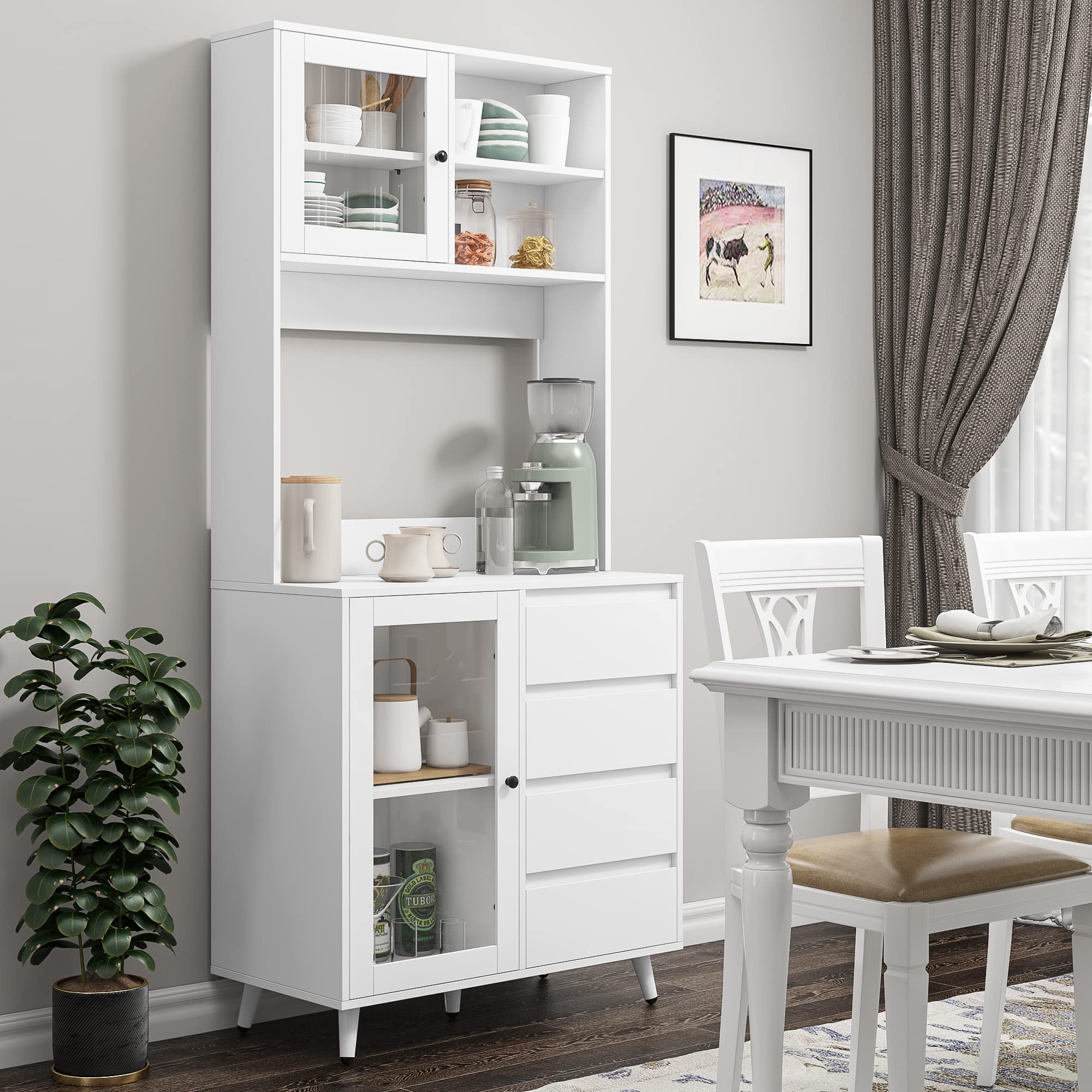 FACBOTALL 71'' Tall Kitchen Pantry Storage Cabinet with Large Countertop, Kitchen Buffet Hutch Cabinet with 2 Adjustable Shelves & Tempered Glass Doors, 4 Handless Drawers for Home, White