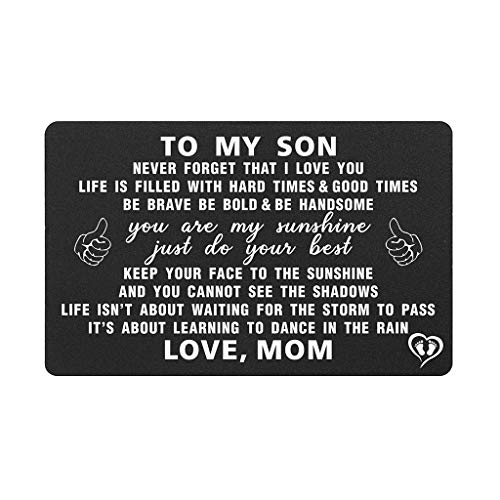 Resdink To My Son Gifts from Mom, Motivational Gift for Son From Mother, Engraved Wallet Inserts with Love Quotes, Son Birthday Wallet Card