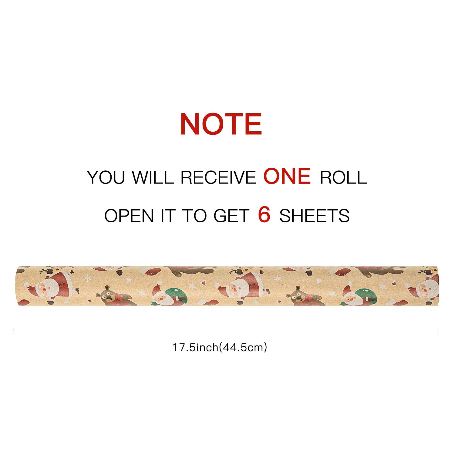 RUSPEPA Christmas Kraft Wrapping Paper Santa Claus Xmas Theme Elements Great for Christmas, Birthdays, Holiday, Baby Shower - 6 Sheets Packed as 1 roll - 17.5 x 30 inches per Sheet