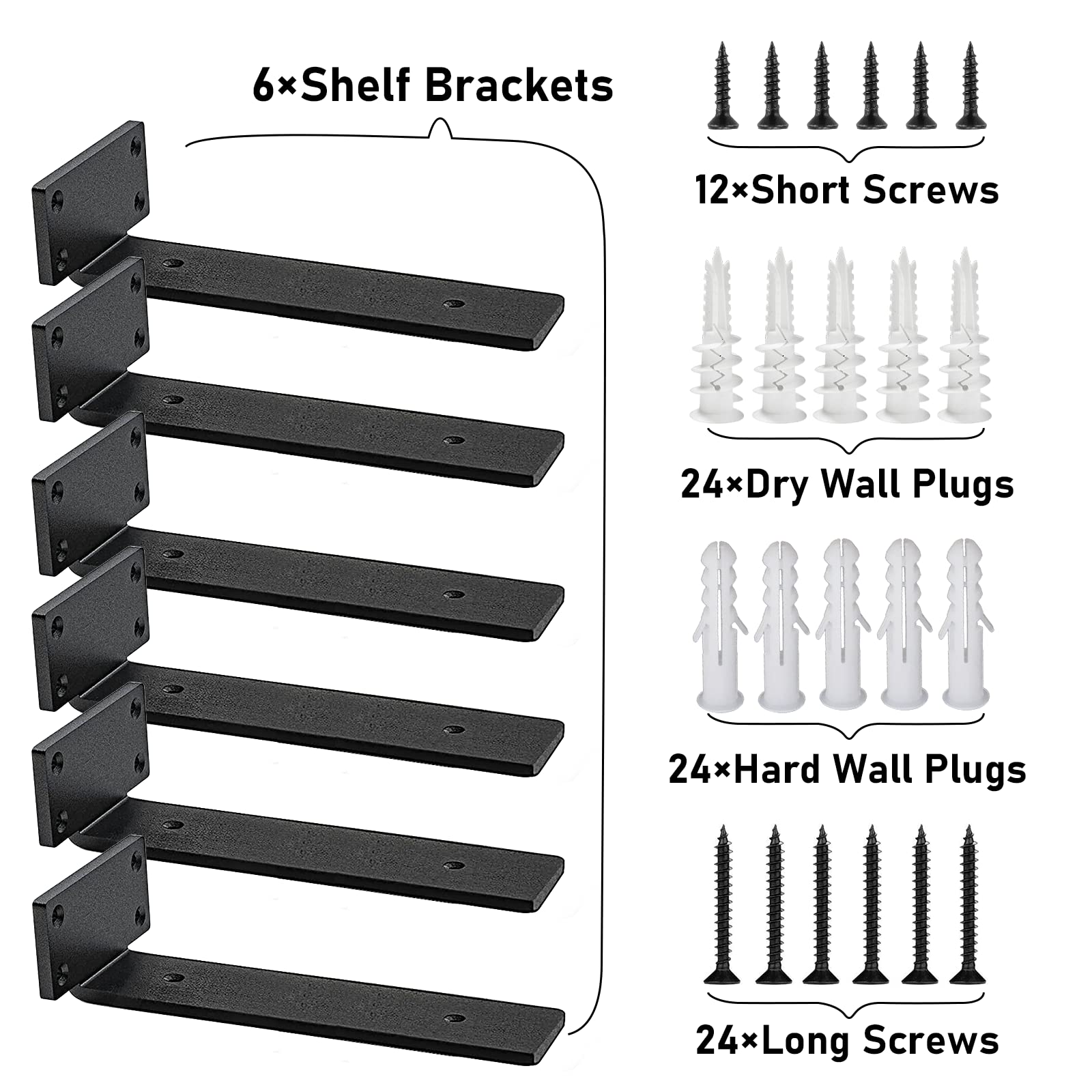 Premium Heavy Duty Shelf Brackets – 0.2In Thick Black L Shape Shelf Bracket, Hidden Steel Brackets for Shelves - 8 Inch Heavy Duty Floating Shelf Hardware (6Pcs)
