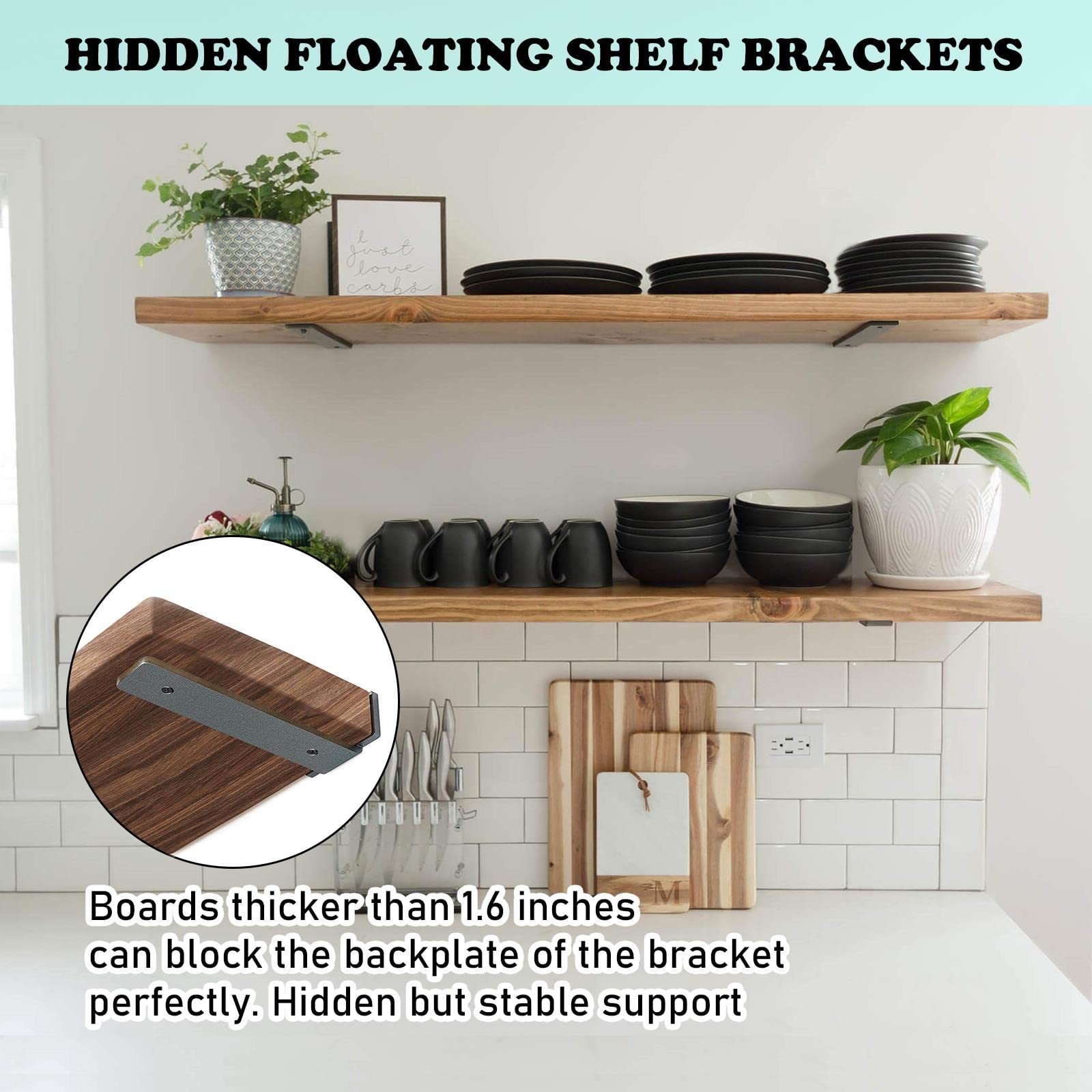 Premium Heavy Duty Shelf Brackets – 0.2In Thick Black L Shape Shelf Bracket, Hidden Steel Brackets for Shelves - 8 Inch Heavy Duty Floating Shelf Hardware (6Pcs)