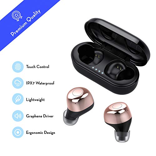 KNZ True Wireless Earbuds Bluetooth 5.0, IPX7 Waterproof, Touch Control, HD Sound, Magnetic Charging case, Built-in Microphone, Stereo Talk, 60-Foot Wireless Range (Rose Gold)