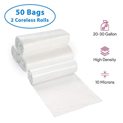 20-30 Gallon Clear Garbage Can Liners, 50 Count - Medium - Large Trash Can Liners - High Density, Thin, Lightweight, 10 Microns - For Office, Home, Hospital, Wastebaskets - 2 Coreless Rolls
