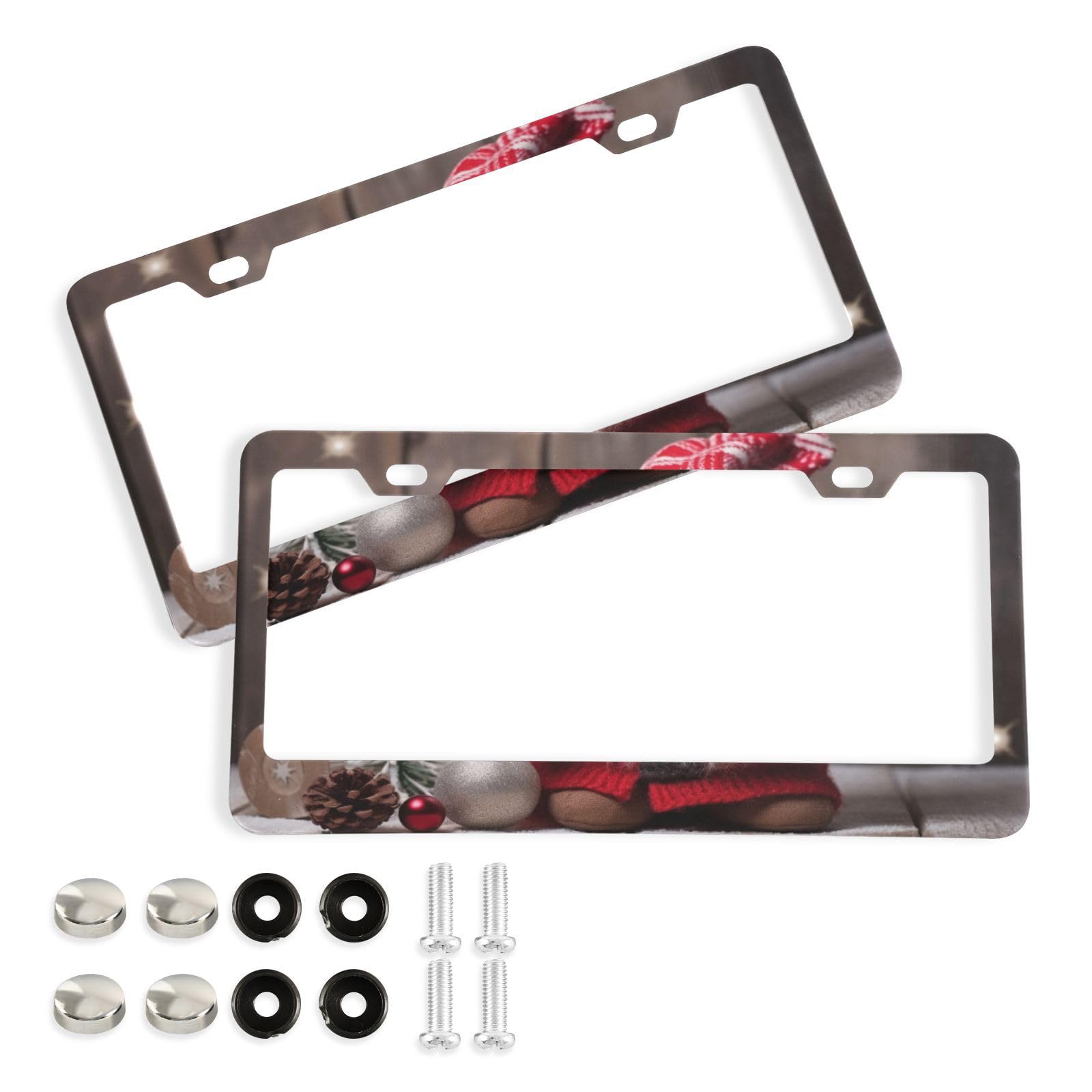 YETTASBIN Christmas Santa Claus License Plate Frames, Decorative License Plate Covers, 2 Packs Universal Aluminum Tag Frame with 2 Holes & Screw Caps for Front and Rear Car Tags, Elliptical Hole