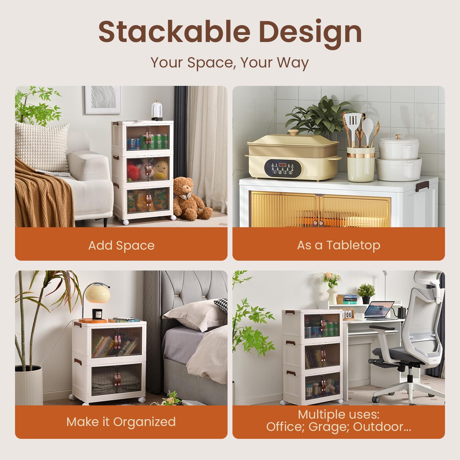 Bearhug Collapsible Stackable Storage Bins, 4 Packs, 8.7 Gal, Foldable Storage Bins with Doors and Wheels - Dual Opening Foldable Cabinet Organizer for Home and Office (8.7 Gallon Capacity, Set of 4)
