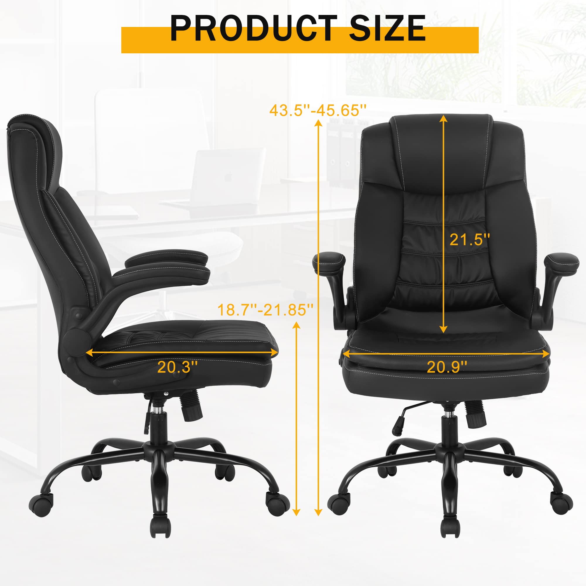 Ergonomic PU Leather Home Office Chair High Back Flip up Armrest Desk Computer Chair Adjustable Height Rolling Swivel Task Chair Modern Executive 250LBS Work Chair w/Lumbar Support for Adults(Black)