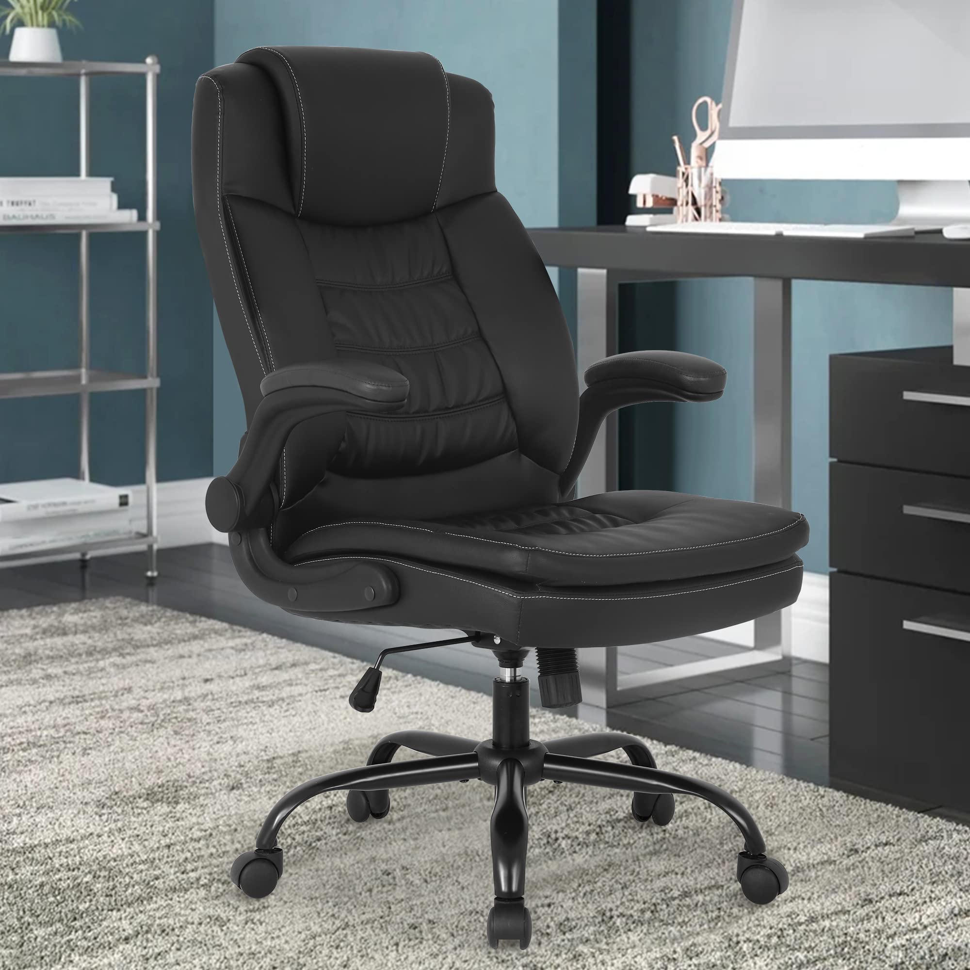 Ergonomic PU Leather Home Office Chair High Back Flip up Armrest Desk Computer Chair Adjustable Height Rolling Swivel Task Chair Modern Executive 250LBS Work Chair w/Lumbar Support for Adults(Black)