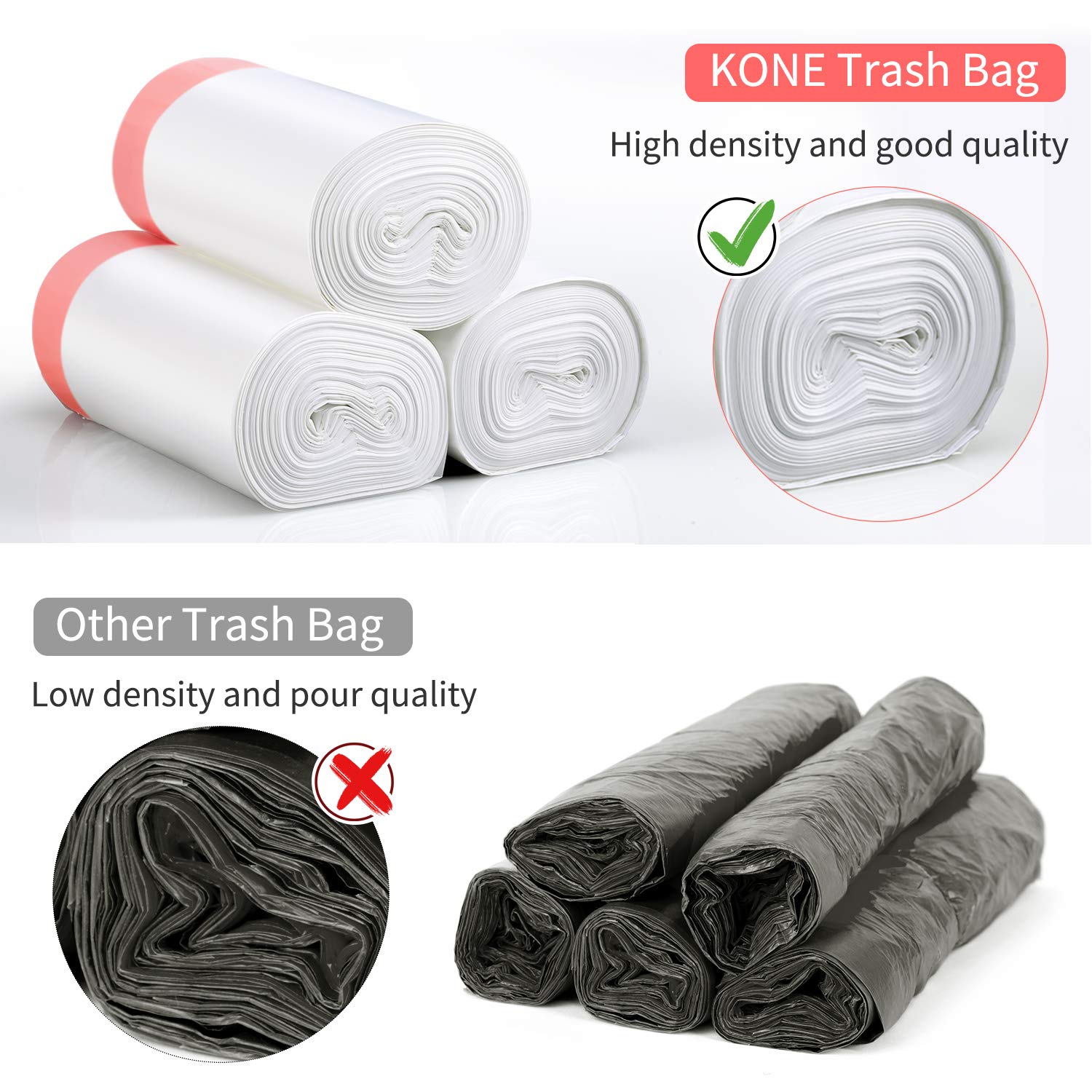 Small Trash Bags, KONE 192 Count 4 Gallon Drawstring Extra Thick Garbage Bags Wastebasket Bin Liners Plastic Trash Bags for Bathroom, Bedroom, Office, Car, Kitchen, Home
