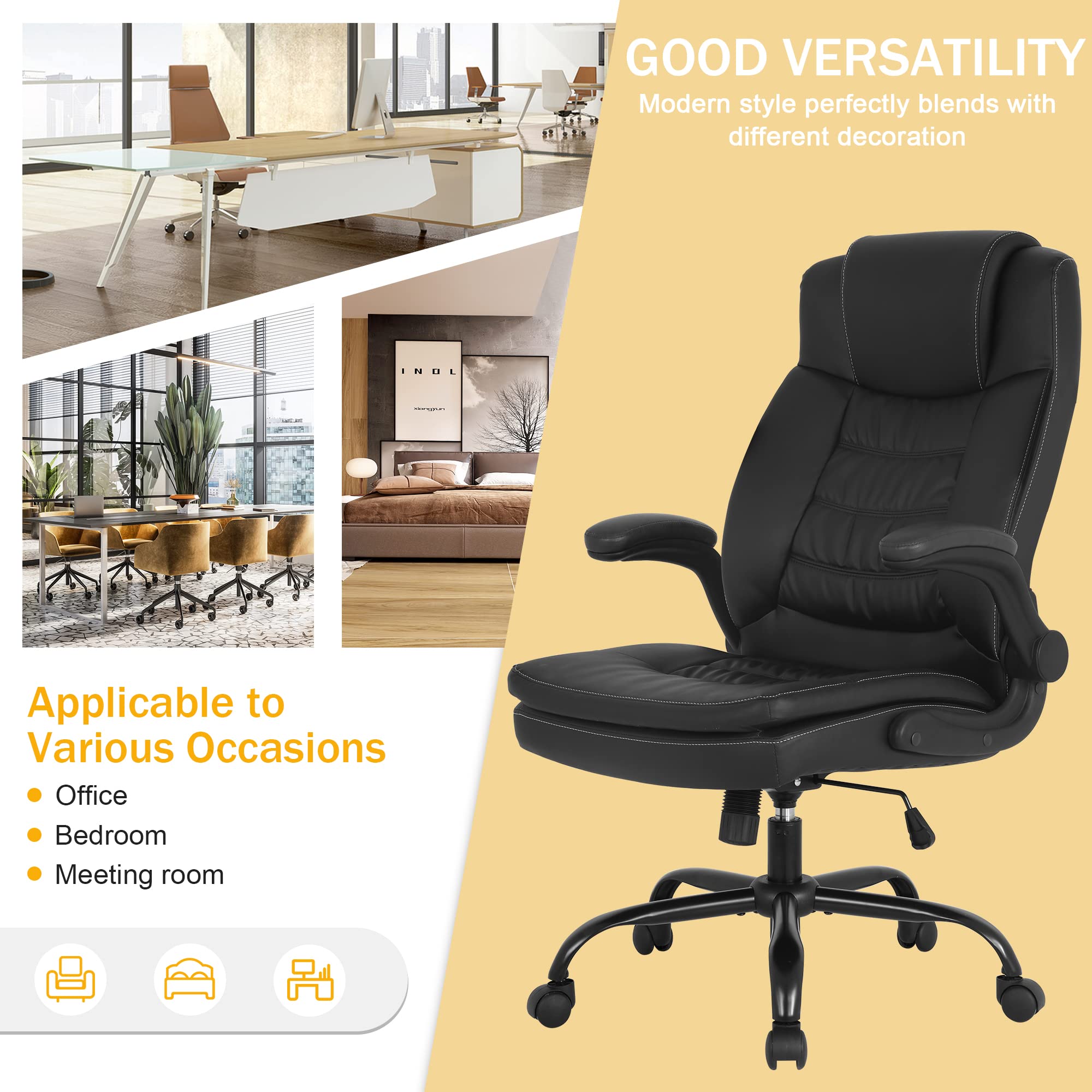 Ergonomic PU Leather Home Office Chair High Back Flip up Armrest Desk Computer Chair Adjustable Height Rolling Swivel Task Chair Modern Executive 250LBS Work Chair w/Lumbar Support for Adults(Black)