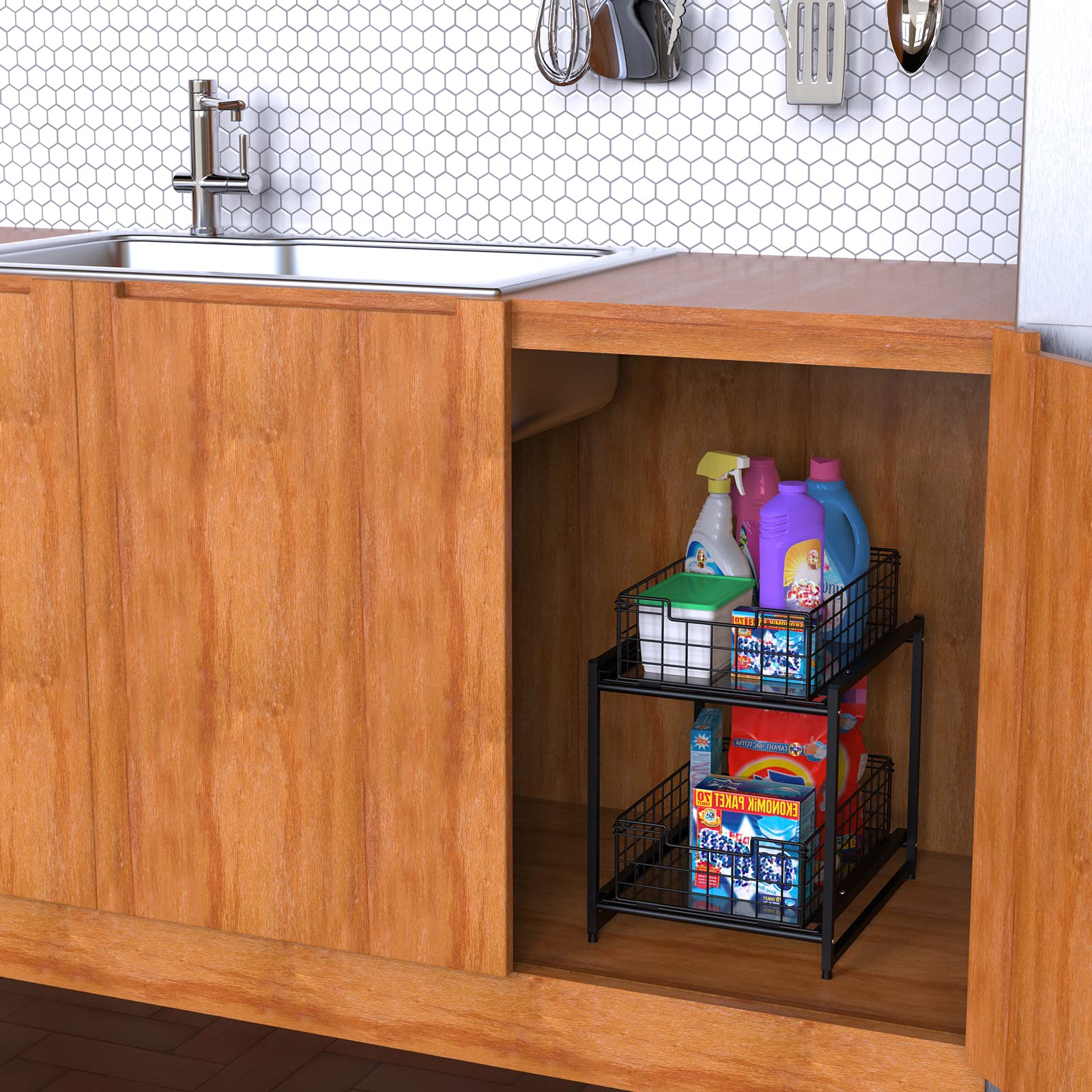 LYFINEINE Under Sink Organizer Pull Out Oraganizer for Kitchen Cabinet, Bathroom, Black