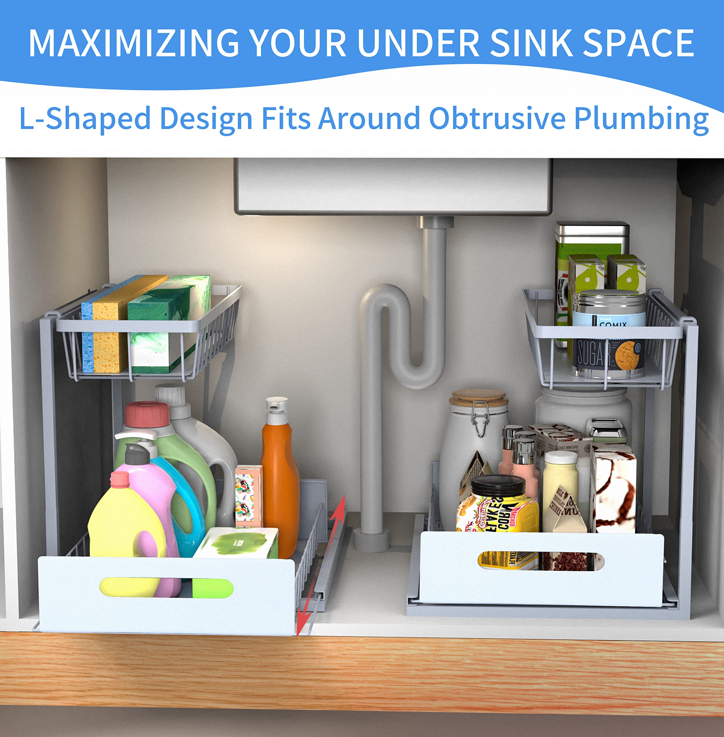 Under Sink Organizer, SUTINE 2 Tier L-Shape Bathroom Organizer, Pull Out Cabinet Organizer Storage Shelf, Multiuse Under Sink Organizers and Storage for Kitchen Bathroom (White)