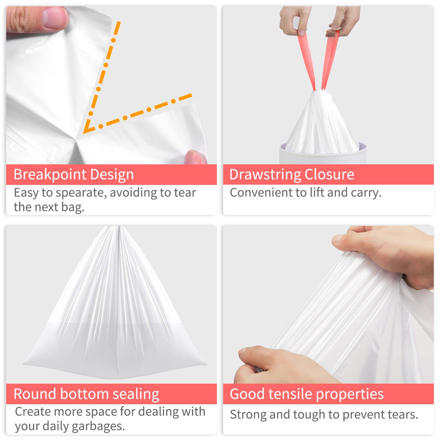 Small Trash Bags, KONE 192 Count 4 Gallon Drawstring Extra Thick Garbage Bags Wastebasket Bin Liners Plastic Trash Bags for Bathroom, Bedroom, Office, Car, Kitchen, Home