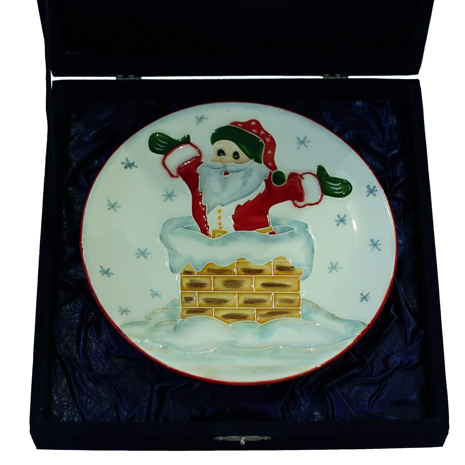Anka Handcrafts - Christmas Home Decors – Santa in Chimney - Handmade & Handpainted Ceramic Plates with Unique Embossed Surface – w Navy Int. Velvet Case – Christmas for Homes 778