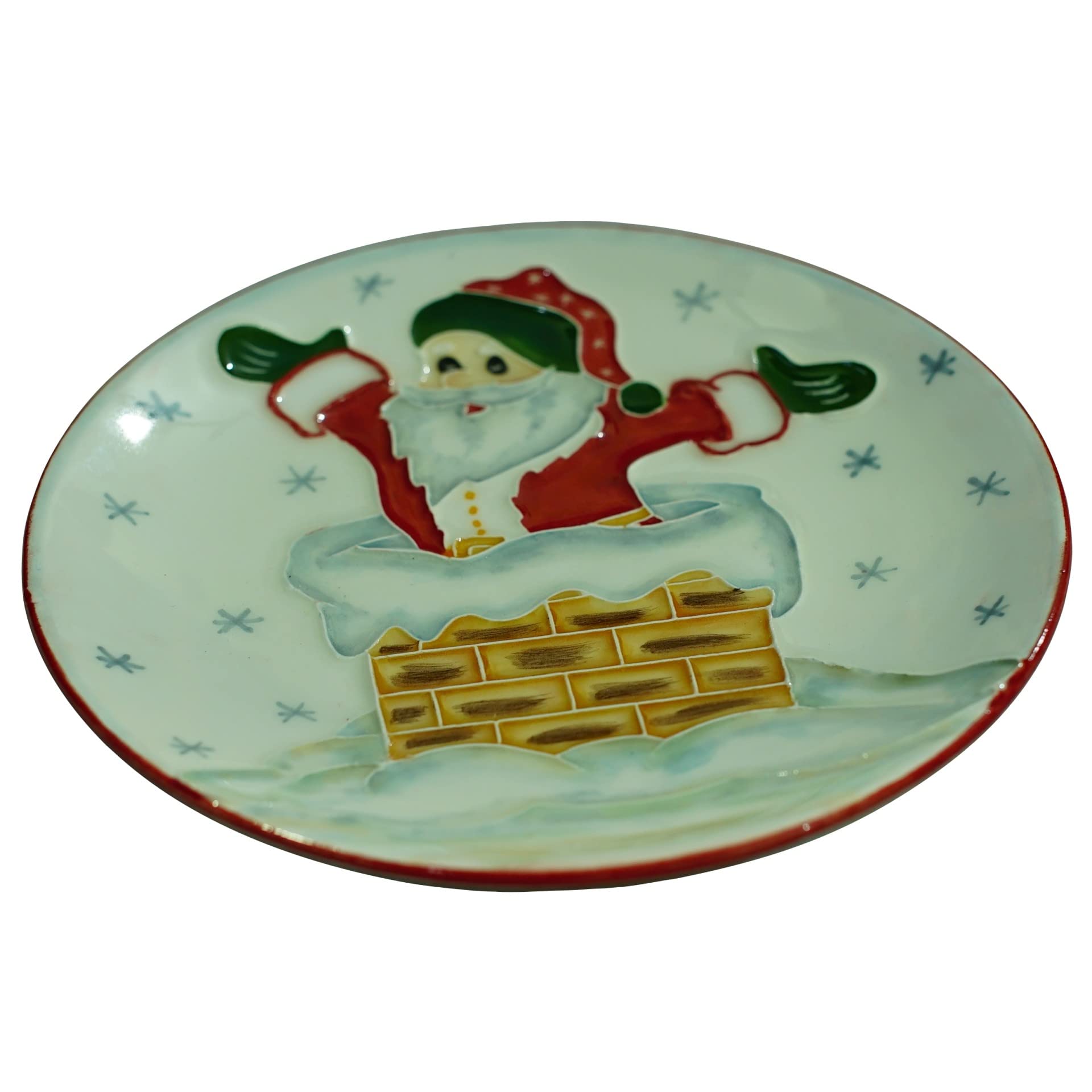 Anka Handcrafts - Christmas Home Decors – Santa in Chimney - Handmade & Handpainted Ceramic Plates with Unique Embossed Surface – w Navy Int. Velvet Case – Christmas for Homes 778