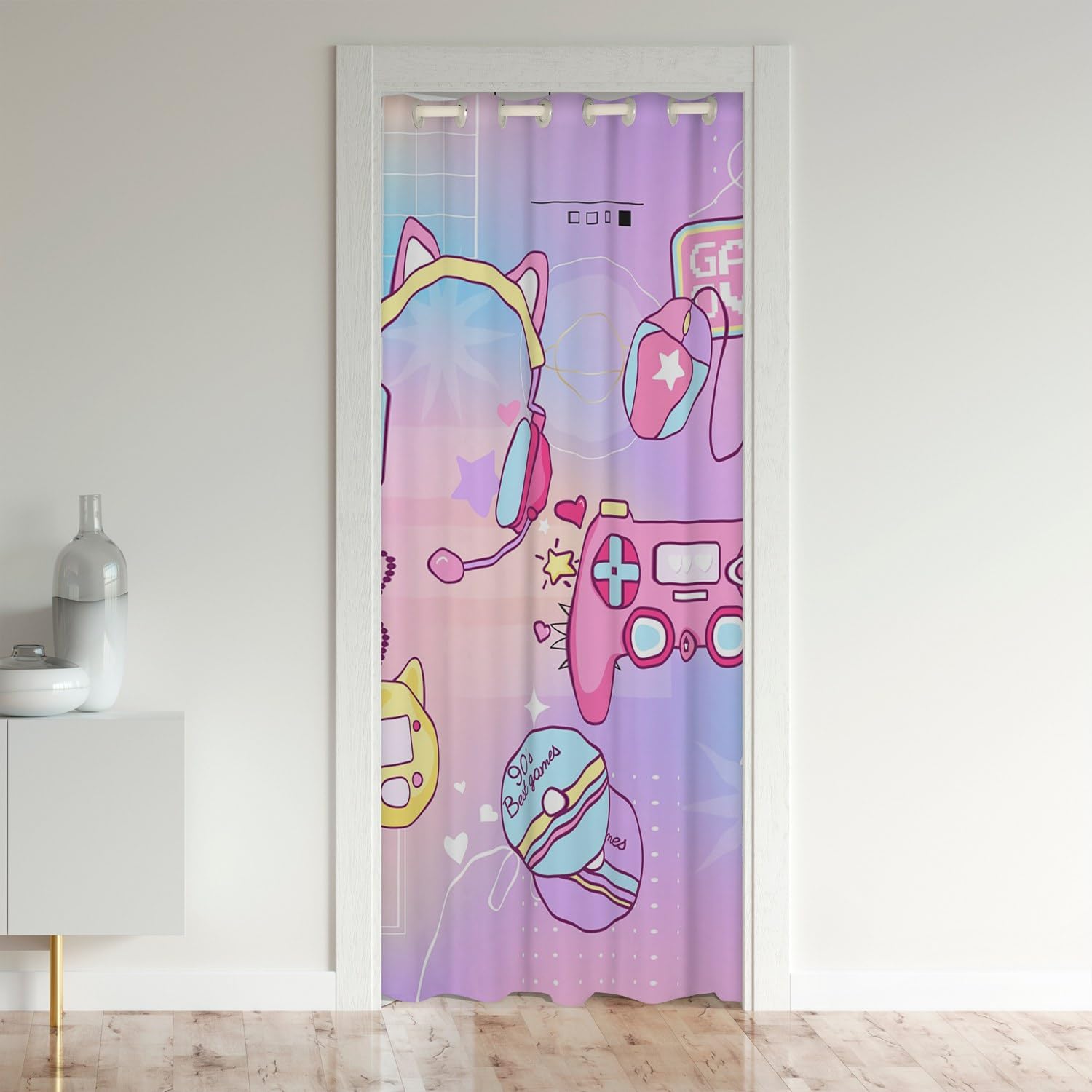 Modern Gamer Doorway Curtain for Privacy,Pink Headset Gamepad Blackout Curtain 52" W X 80" L,Video Games Door Drape for Hallway Entrance Pantry