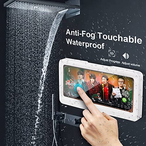 WTWEN Waterproof Wall Mount Shower Phone Holder Anti-Fog Touchable Phone Case, Hanging Phone Bxo Shelf for Bathroom Shower Kitchen Make up Compatible with Mobile Phones Under 6.8 inches. (White)