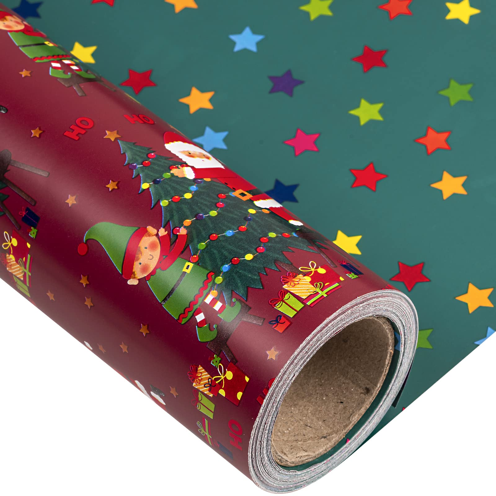 LeZakaa Reversible Christmas Wrapping Paper - Jumbo Roll - Santa Claus and Gnome & Colorful Star in Green - 24 inches x 100 Feet (200 sq.ft.)