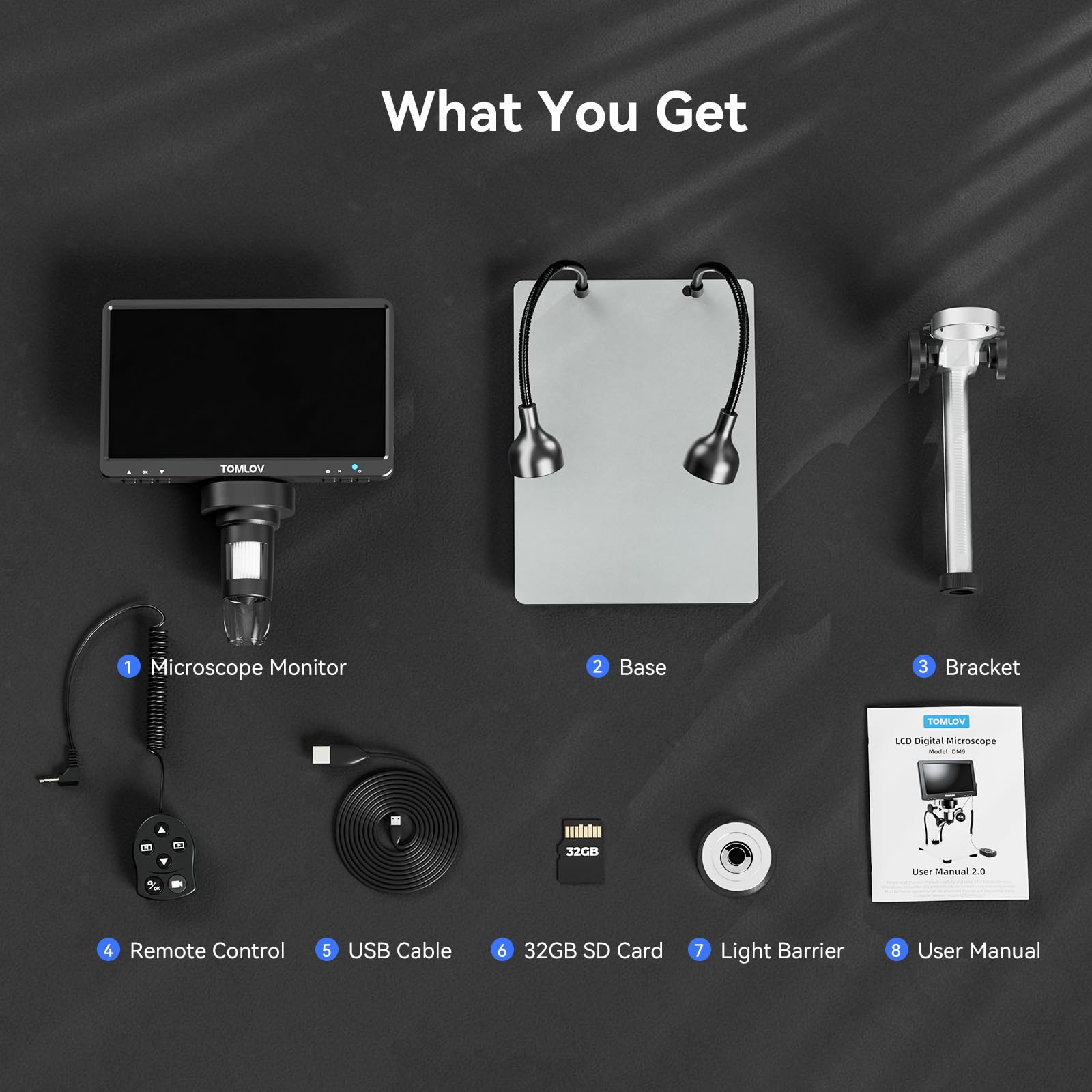 TOMLOV DM9 7" LCD Digital Microscope 1200X, 1080P Video Coin Microscope with Metal Stand, 12MP Ultra-Precise Focusing, LED Fill Lights, PC View, Windows/Mac OS Compatible, with SD Card, Model- DM9