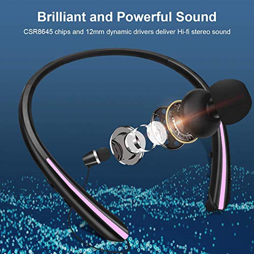 TTSTR Retractable Earbuds Wireless Headset Neckband Sports Noise Cancelling Bluetooth Headphones Stereo Earphones with Mic,Pink