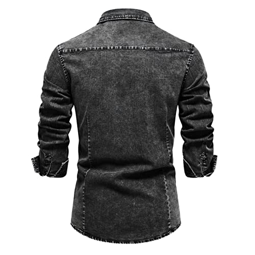 Full Sleeve Scrub Top Men's Washed Classic Slim Pocket Jeans Long Sleeve Shirt Body Suit Men Black