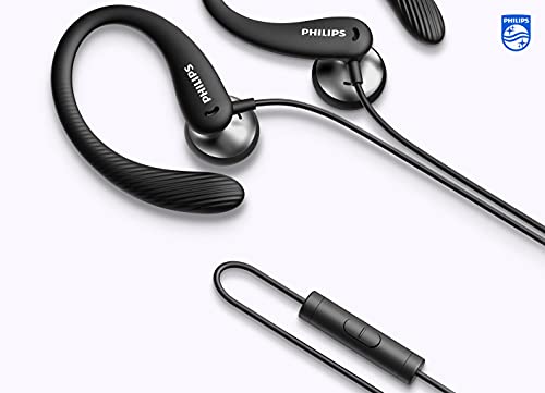Philips A1105 in-Ear Sports Wired Headphones with Ear Hooks for Secure Fit, Deep bass, in-line Remote Control and Microphone, Sweat-Resistant, 3.5 mm Connector TAA1105BK