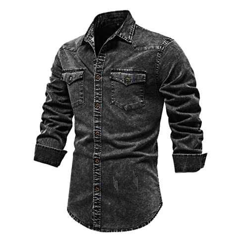 Full Sleeve Scrub Top Men's Washed Classic Slim Pocket Jeans Long Sleeve Shirt Body Suit Men Black